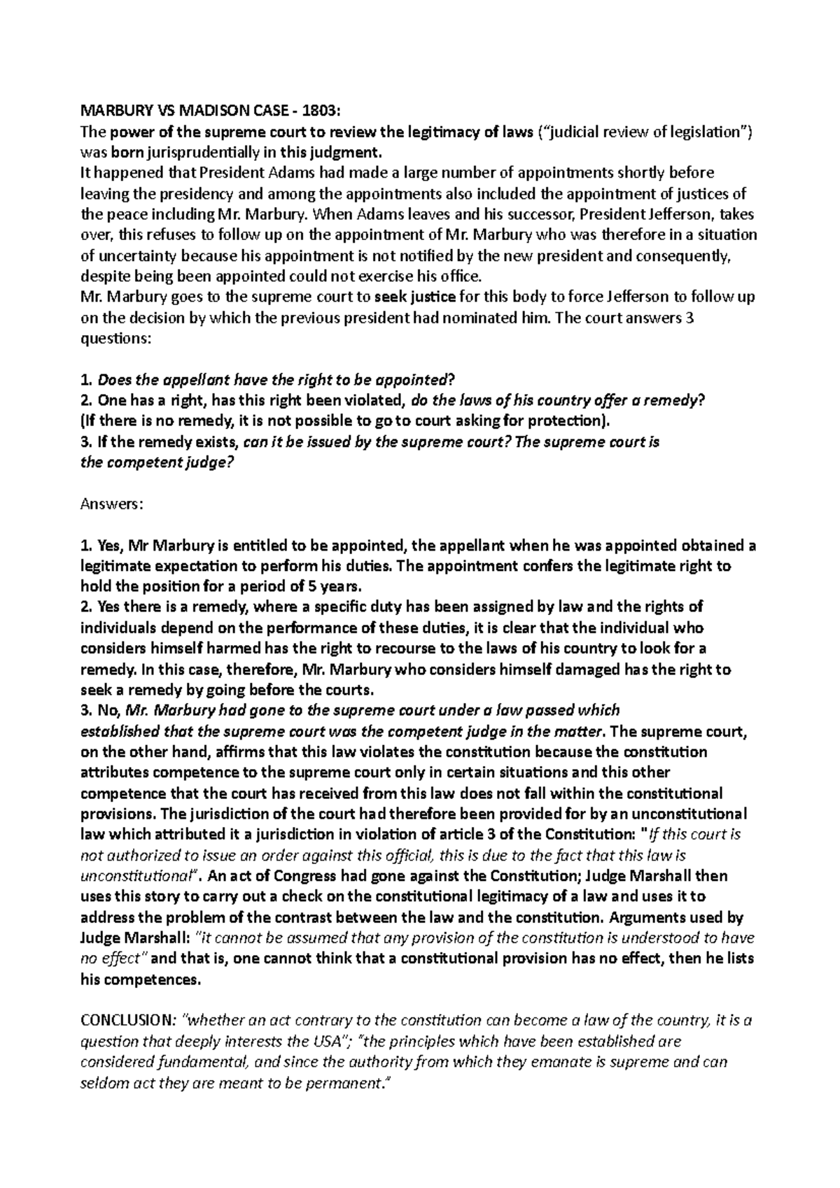 Marbury VS Madison CASE - MARBURY VS MADISON CASE - 1803: The power of ...