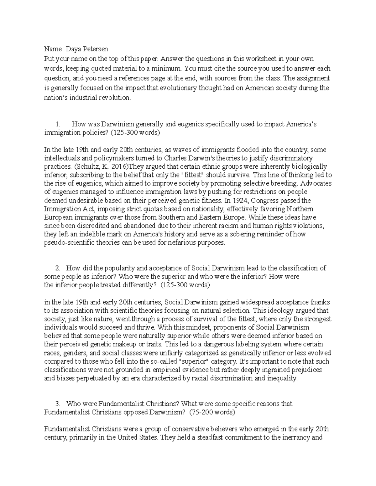 History #2 - Name: Daya Petersen Put your name on the top of this paper ...