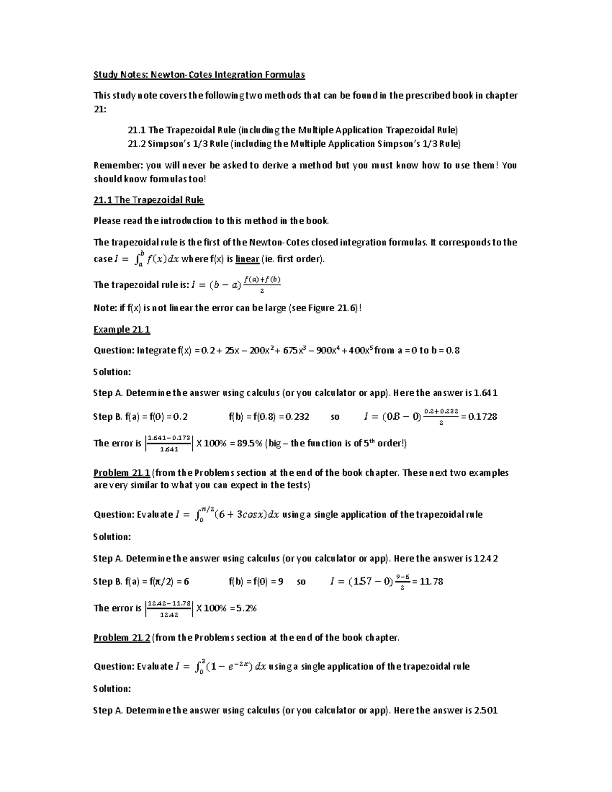 Study Notes Newton-Cotes Integration Formulas Rev B - Study Notes ...