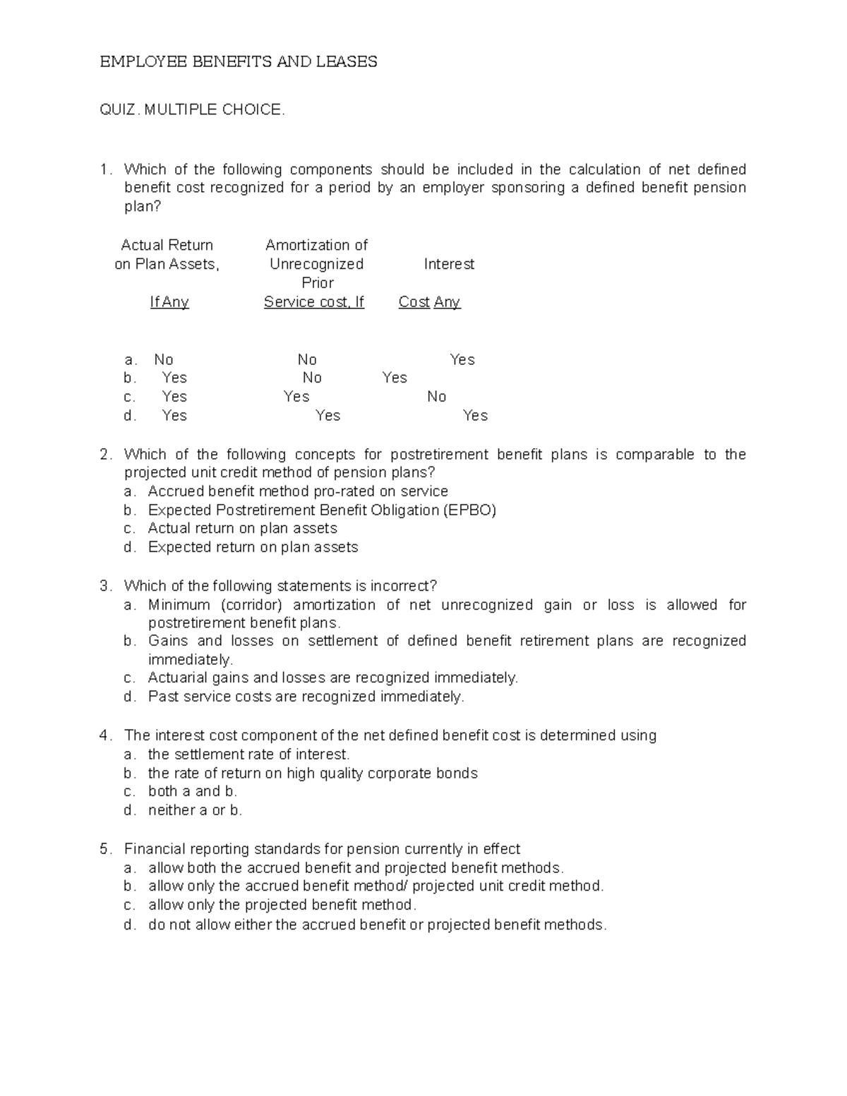 Quiz in Employee Benefit and Leases - EMPLOYEE BENEFITS AND LEASES QUIZ ...