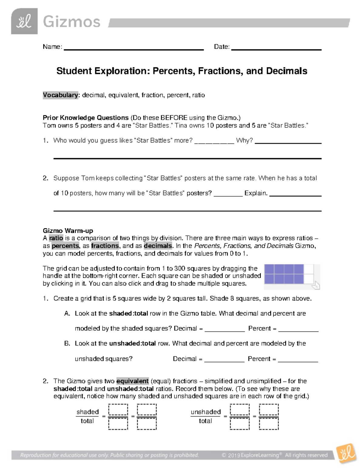 Perc Frac Dec SE - hehe - Name: Date: Student Exploration: Percents ...