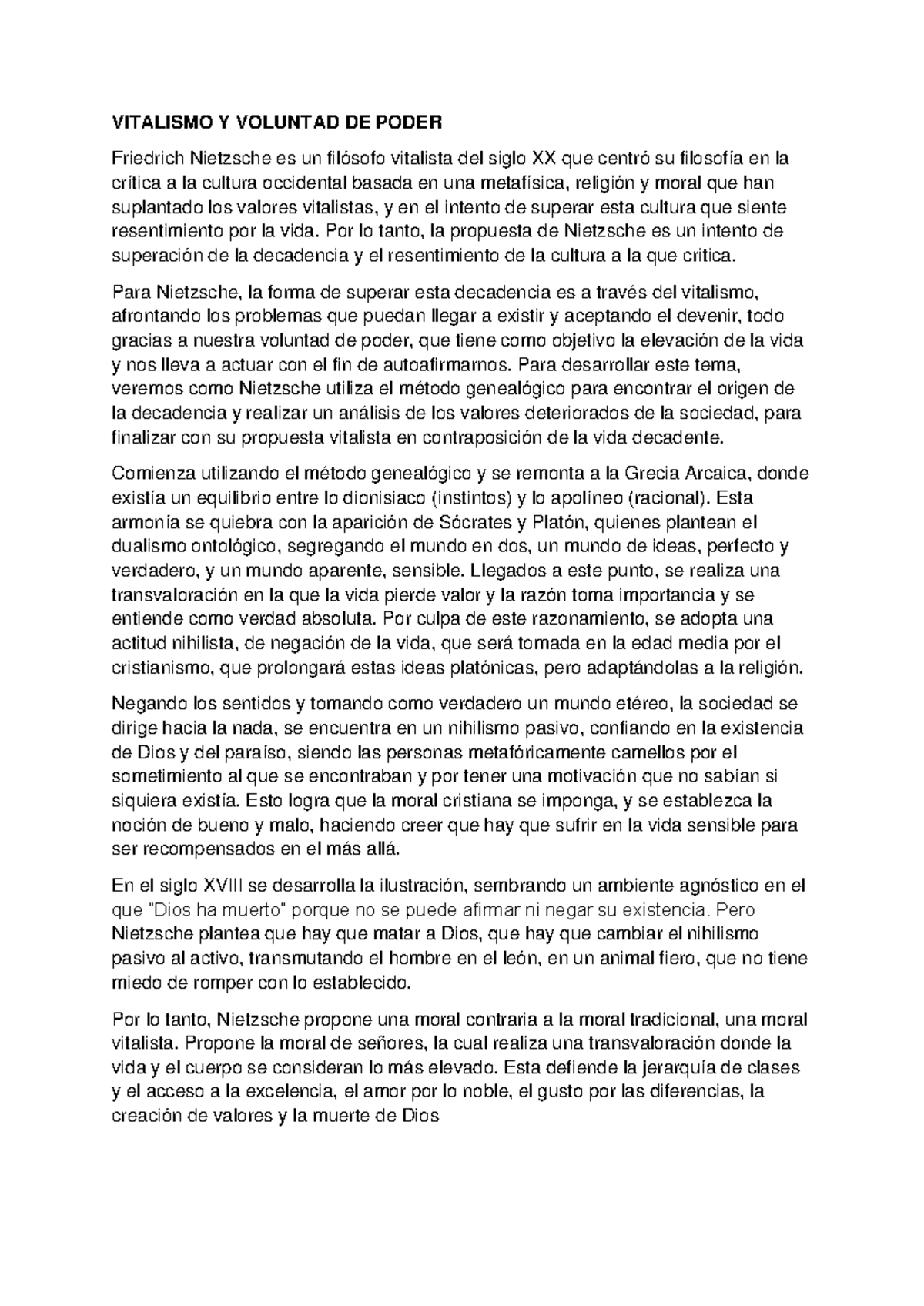 Vitalismo Y Voluntad DE Poder - VITALISMO Y VOLUNTAD DE PODER Friedrich ...