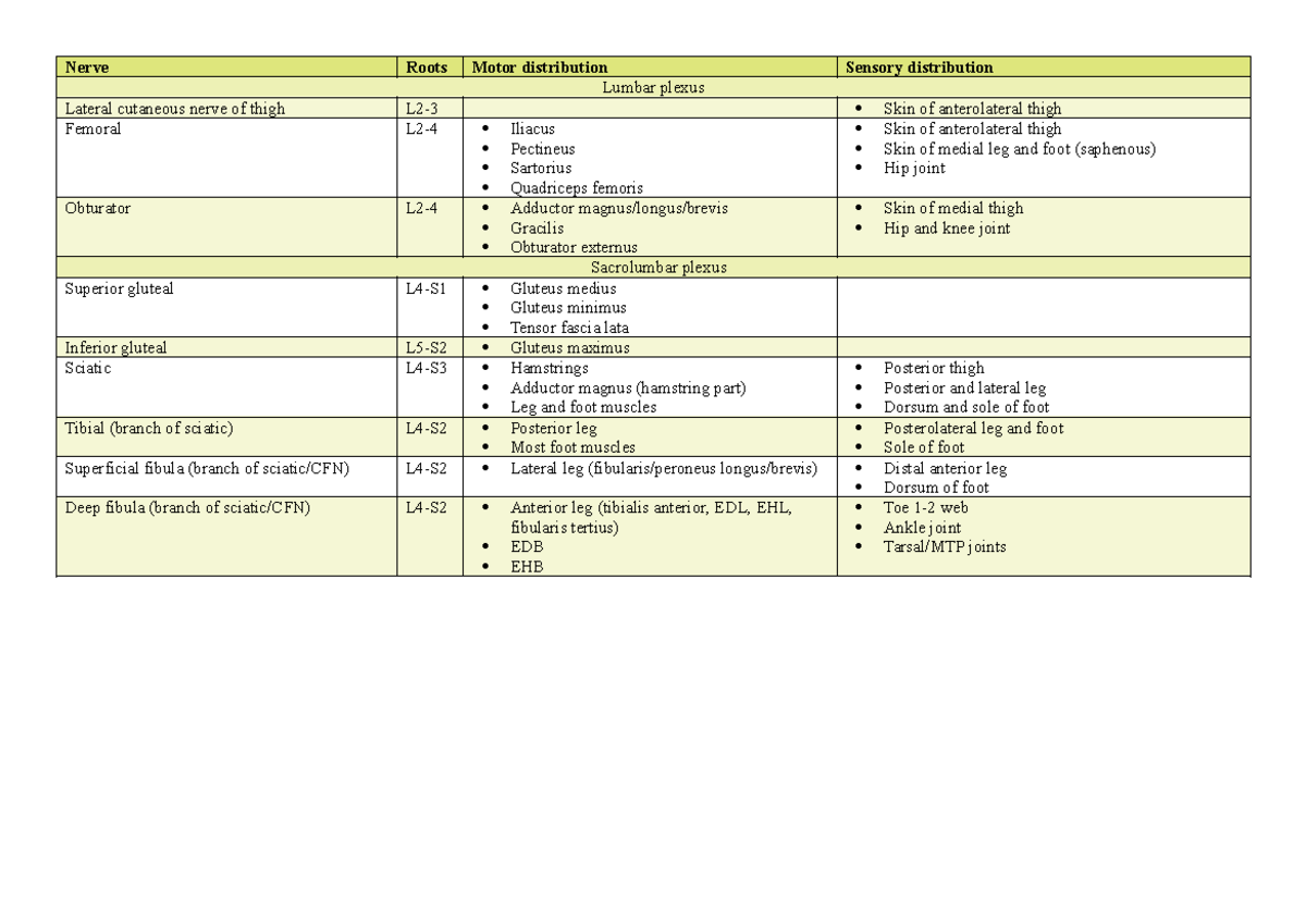 Nerve summary in lower limb - Nerve Roots Motor distribution Sensory ...