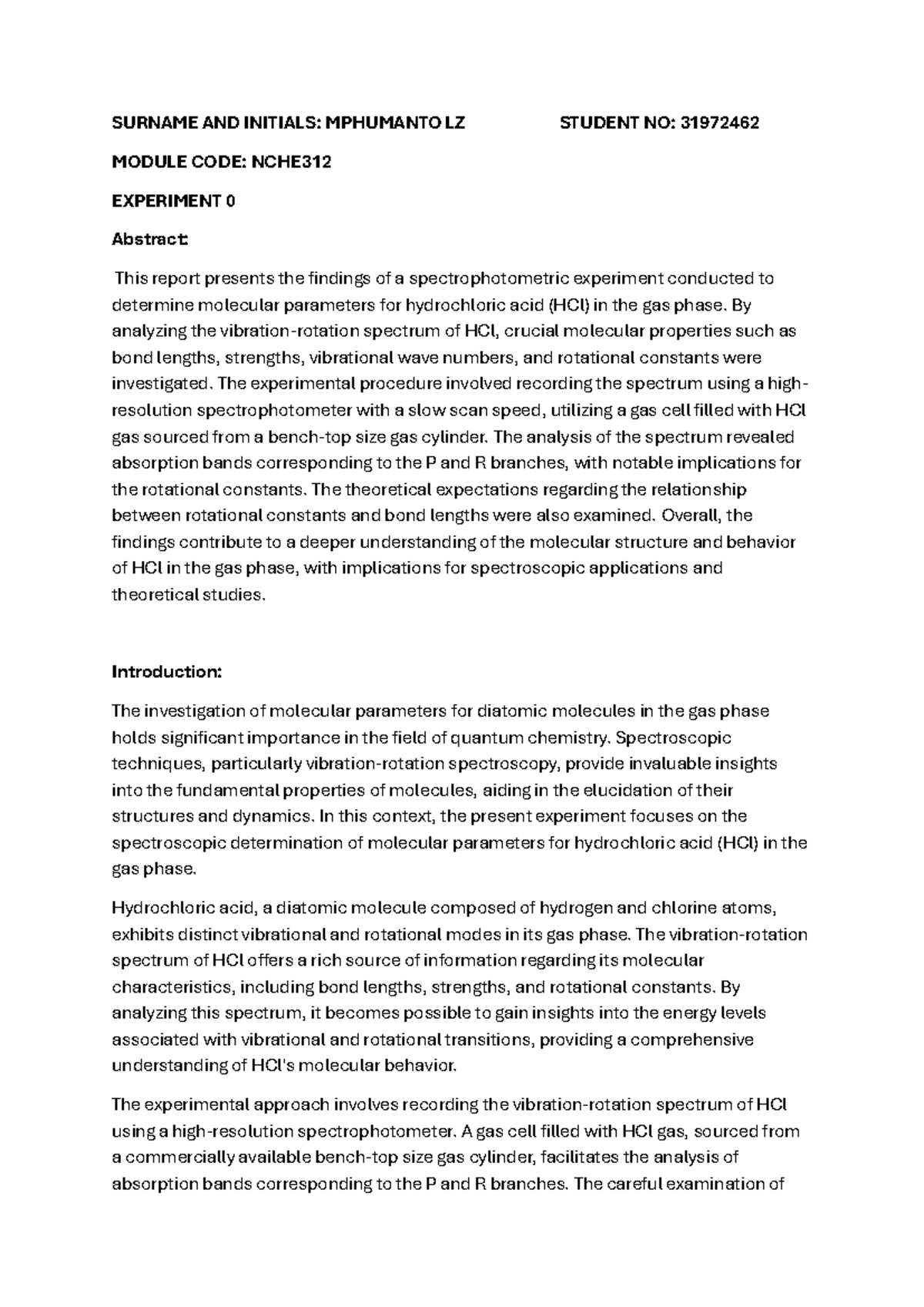 Experiment ZERO - SURNAME AND INITIALS: MPHUMANTO LZ STUDENT NO ...