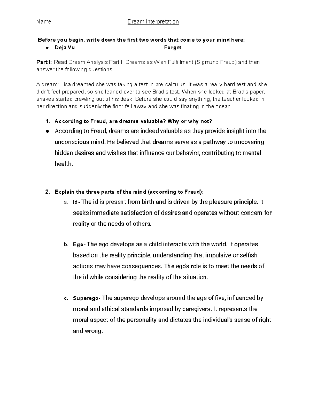 Dream Analysis Packet Questions - Before you begin, write down the ...