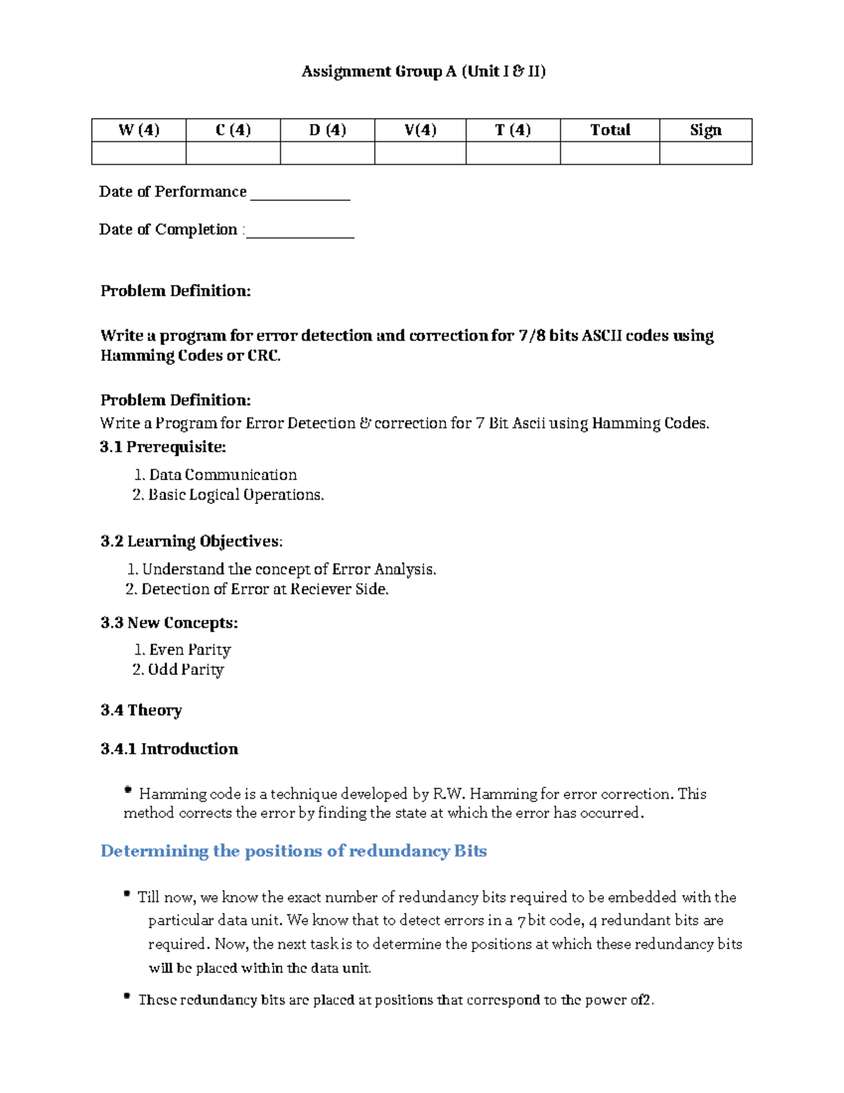 4. Ass4 hamming code - ... - Assignment Group A (Unit I & II) W (4) C (4) D (4) V(4) T (4) Total ...