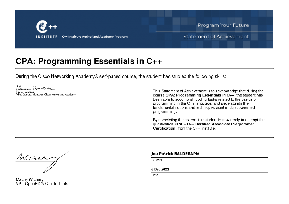Joe Patrick Balderama-Under Grad-ITE610-certificate - CPA: Programming ...