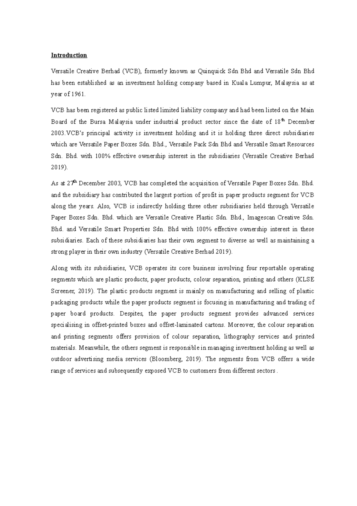 Introduction 1 - ASSIGNMENT - Introduction Versatile Creative Berhad ...