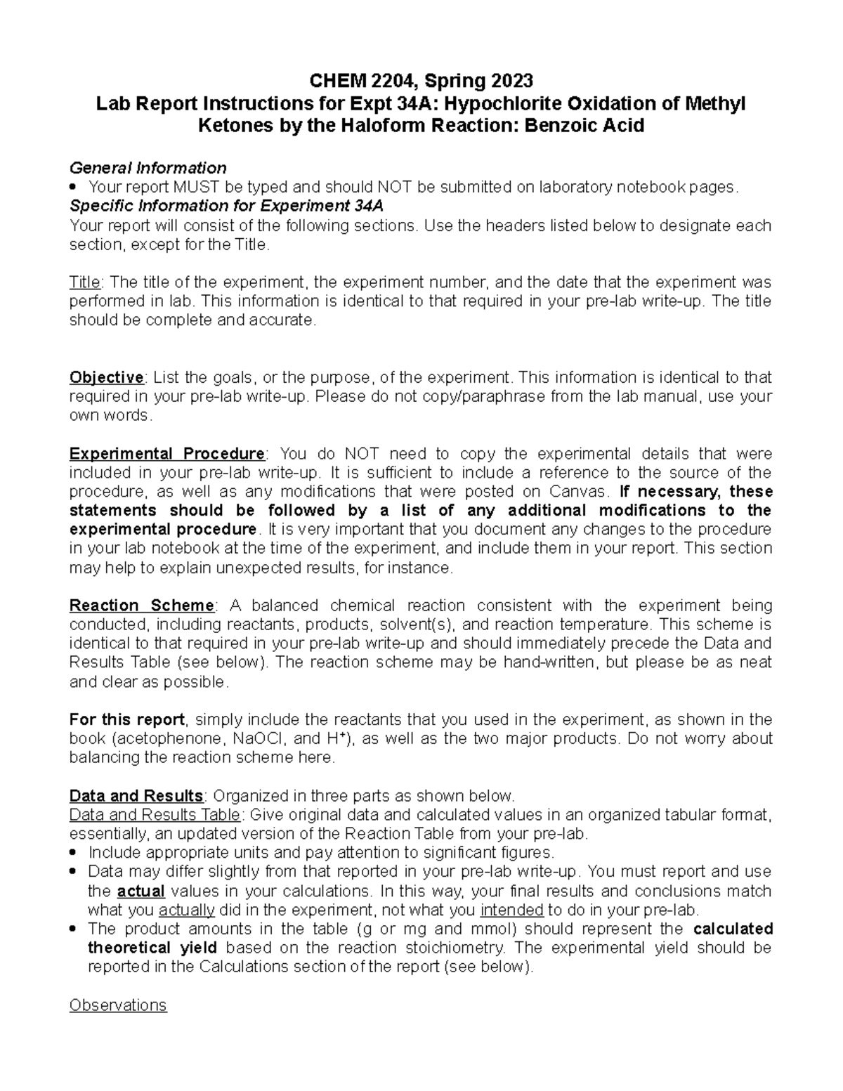 Spring 2023 Module 9 Haloform Rxn Lab Report - CHEM 2204, Spring 2023 ...