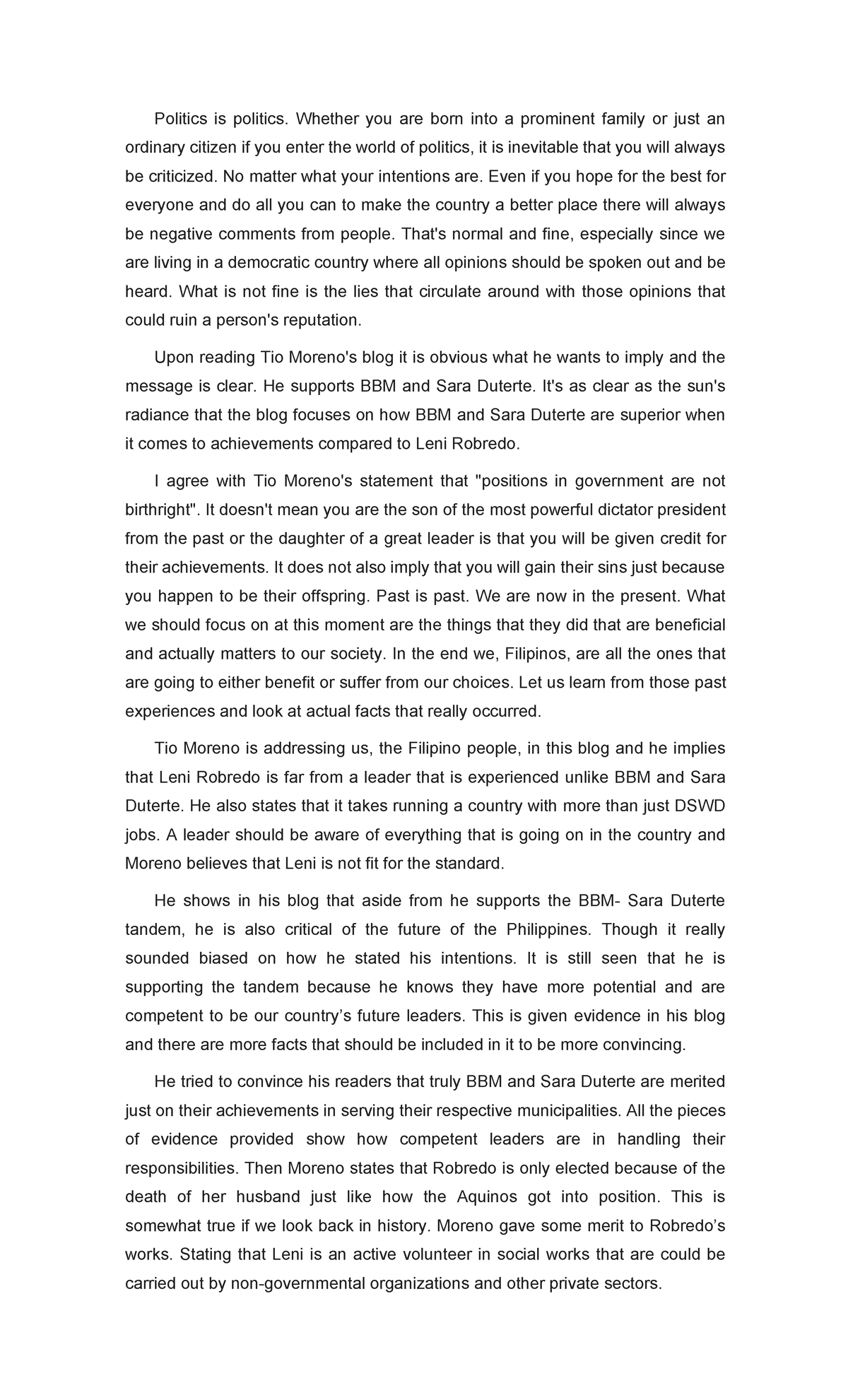 1000 word critique in tio moreno's - Politics is politics. Whether you ...