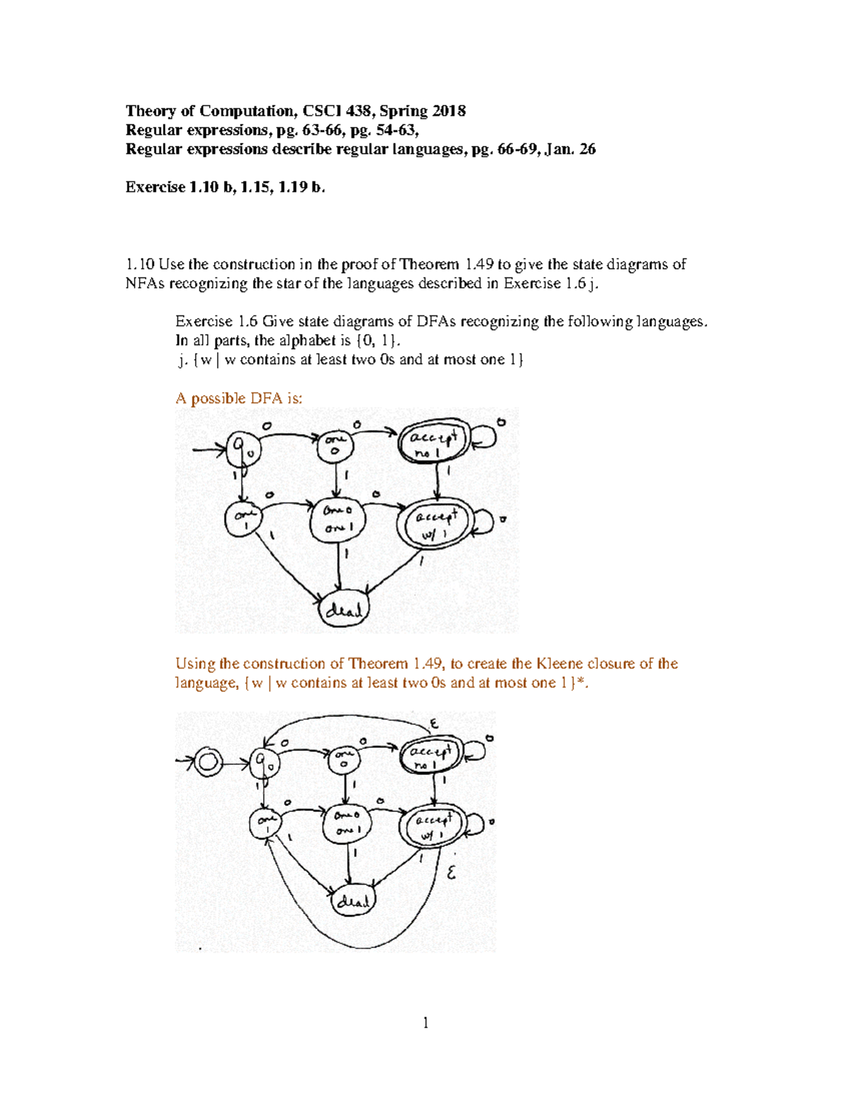 Regular expressions excercise solutions - 1 Theory of Computation, CSCI 438, Spring 2018 Regular ...