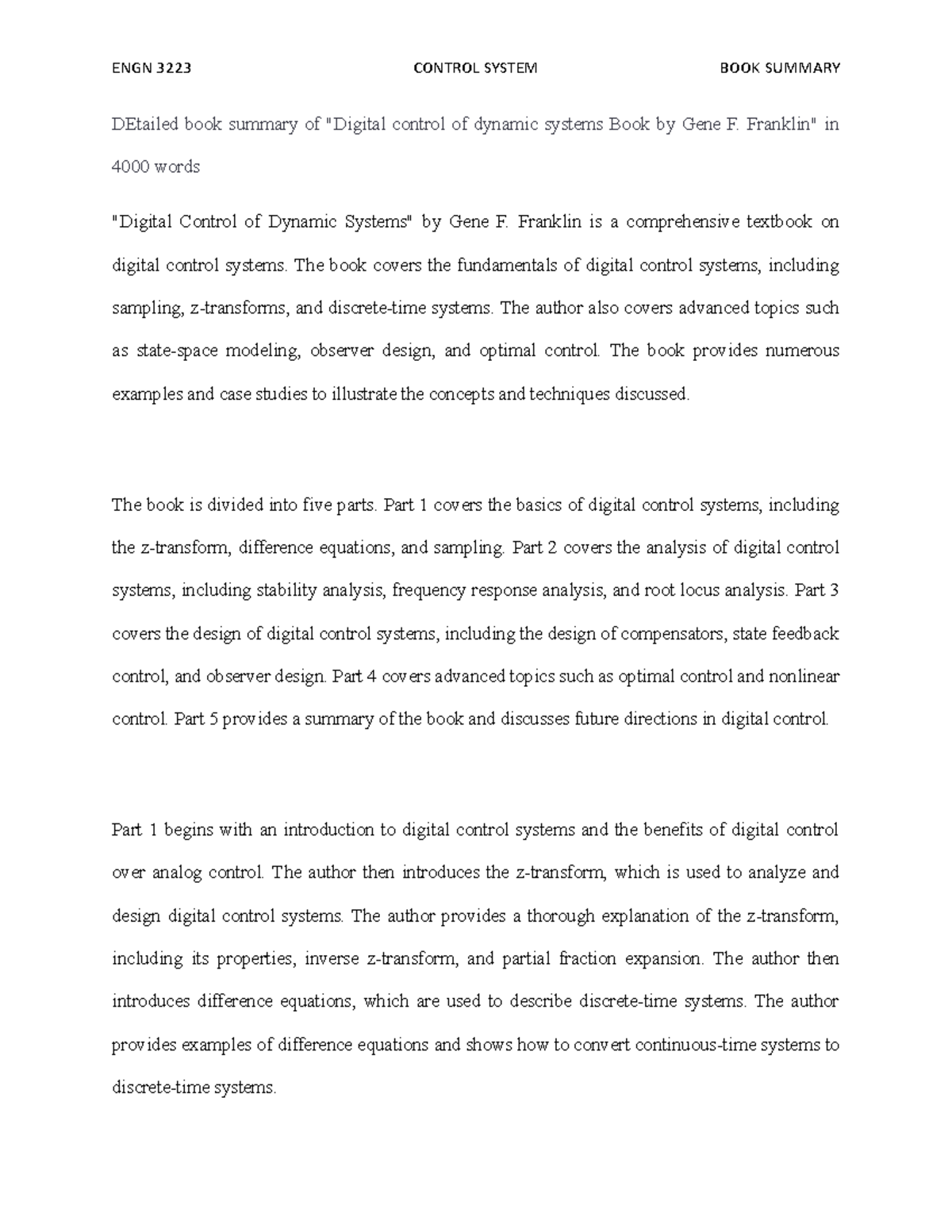 DEtailed book summary of Digital control of dynamic systems - Franklin ...
