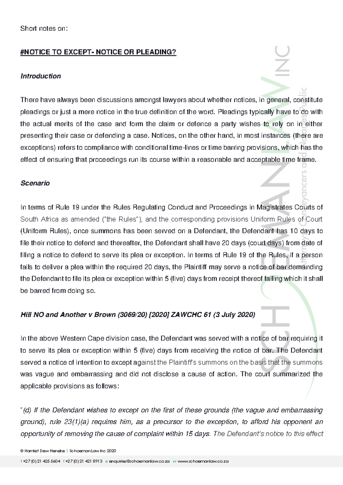 Notice to Except Pleading or Notice - t +27 (0) 21 425 5604 f +27 (0 ...