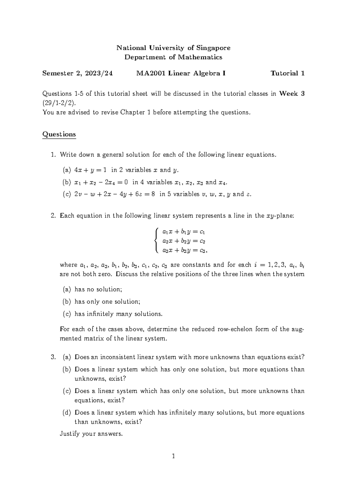 Tutorial 1 - answers - National University of Singapore Department of ...