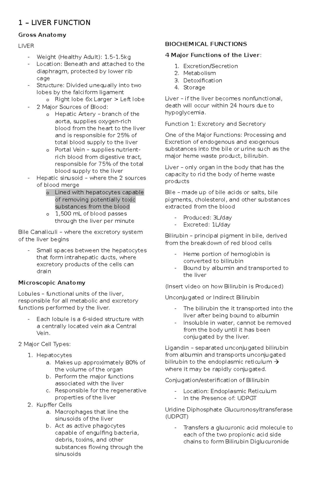 1 - Liver Function - Summary - 1 – LIVER FUNCTION Gross Anatomy LIVER ...