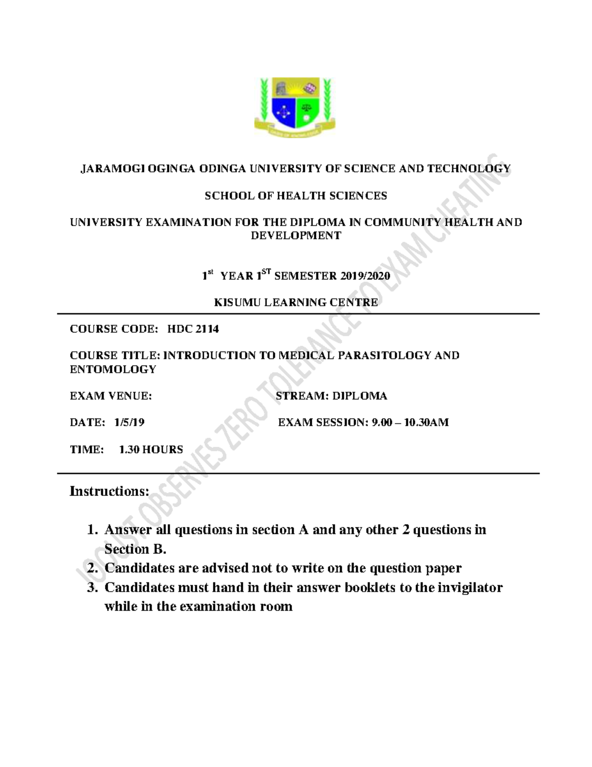 HDC 2114- Medical Parasitology AND Entomology - JARAMOGI OGINGA ODINGA ...