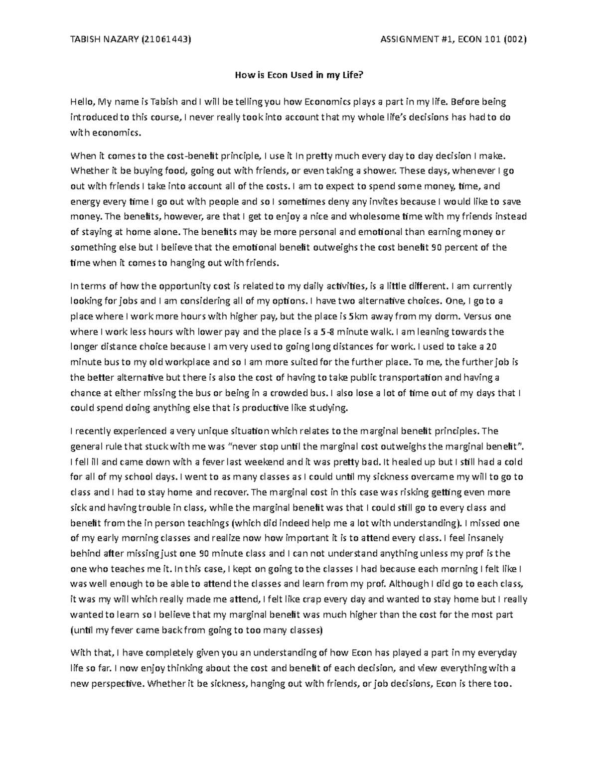 Assignment Number 1 - TABISH NAZARY (21061443) ASSIGNMENT #1, ECON 101 ...