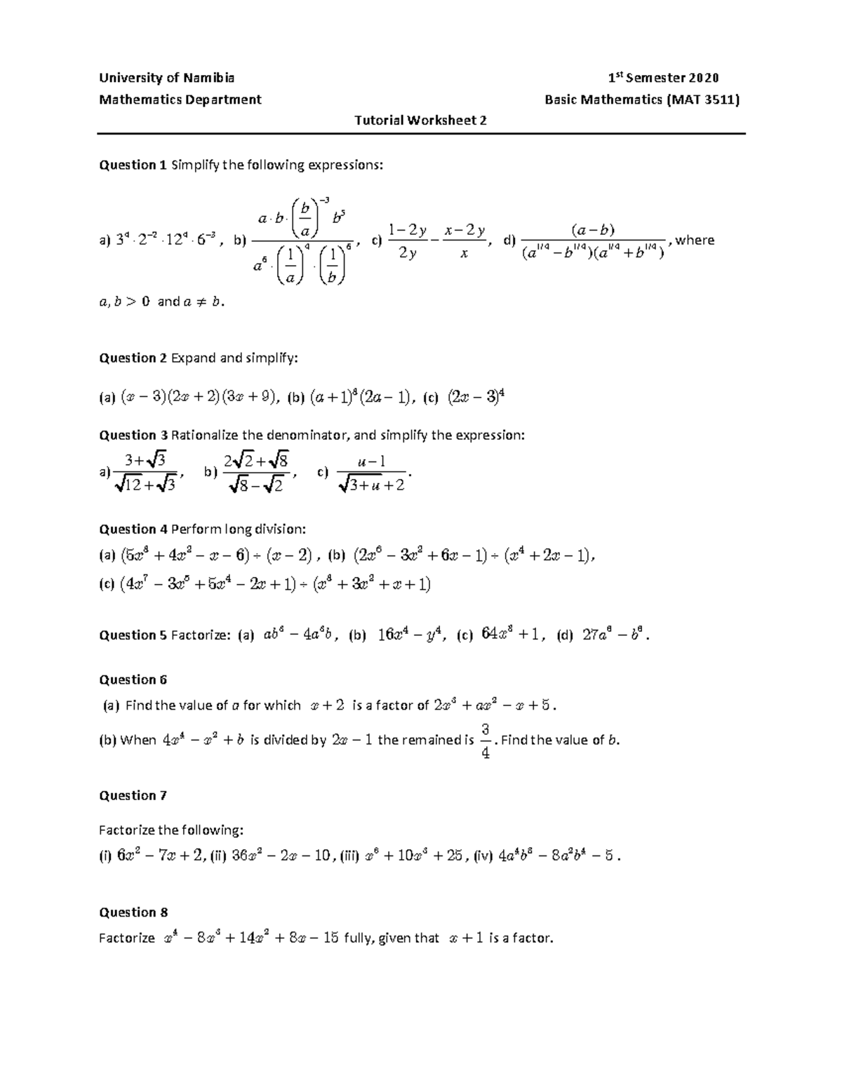 Basic Math Tutorial Worksheet 2 - University of Namibia 1 st Semester 2020 Mathematics ...