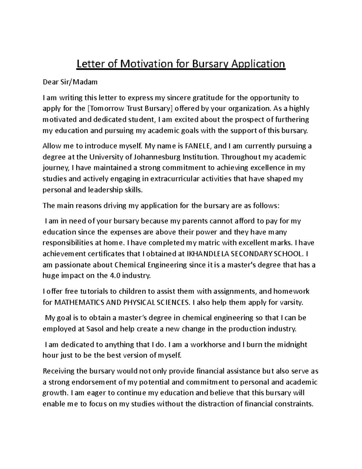 Letter OF Motivation - Letter of Motivation for Bursary Application ...