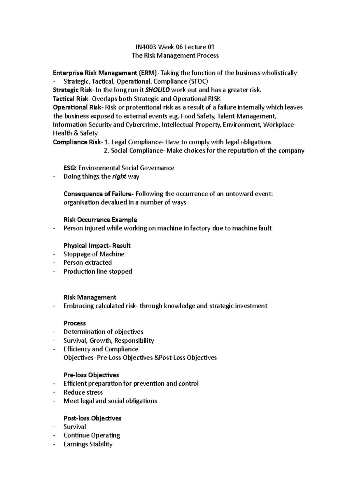 IN4003 - Lecture 1 - Week 6 - IN4003 Week 06 Lecture 01 The Risk ...