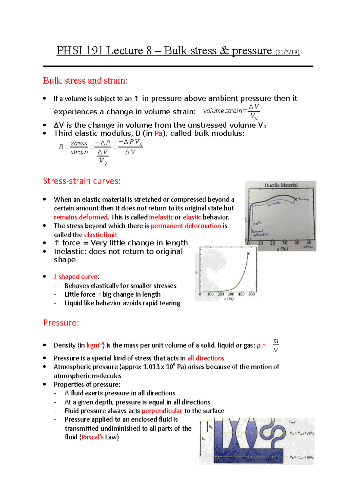 PHSI 191 Lecture 8 - PHSI191 - PHSI 191 Lecture 8 – Bulk stress & pressure (21/3/19) Bulk stress ...