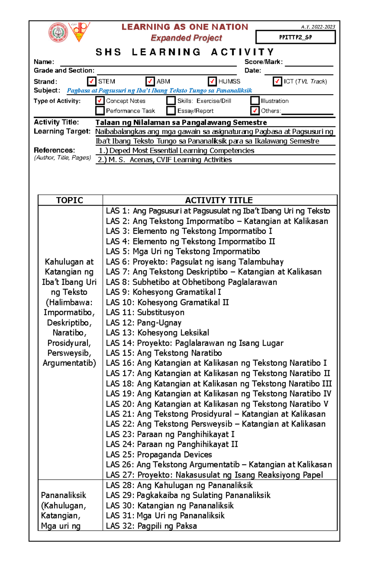 Ppittp LAS 0 Semestral Plan - ... LEARNING AS ONE NATION Expanded ...