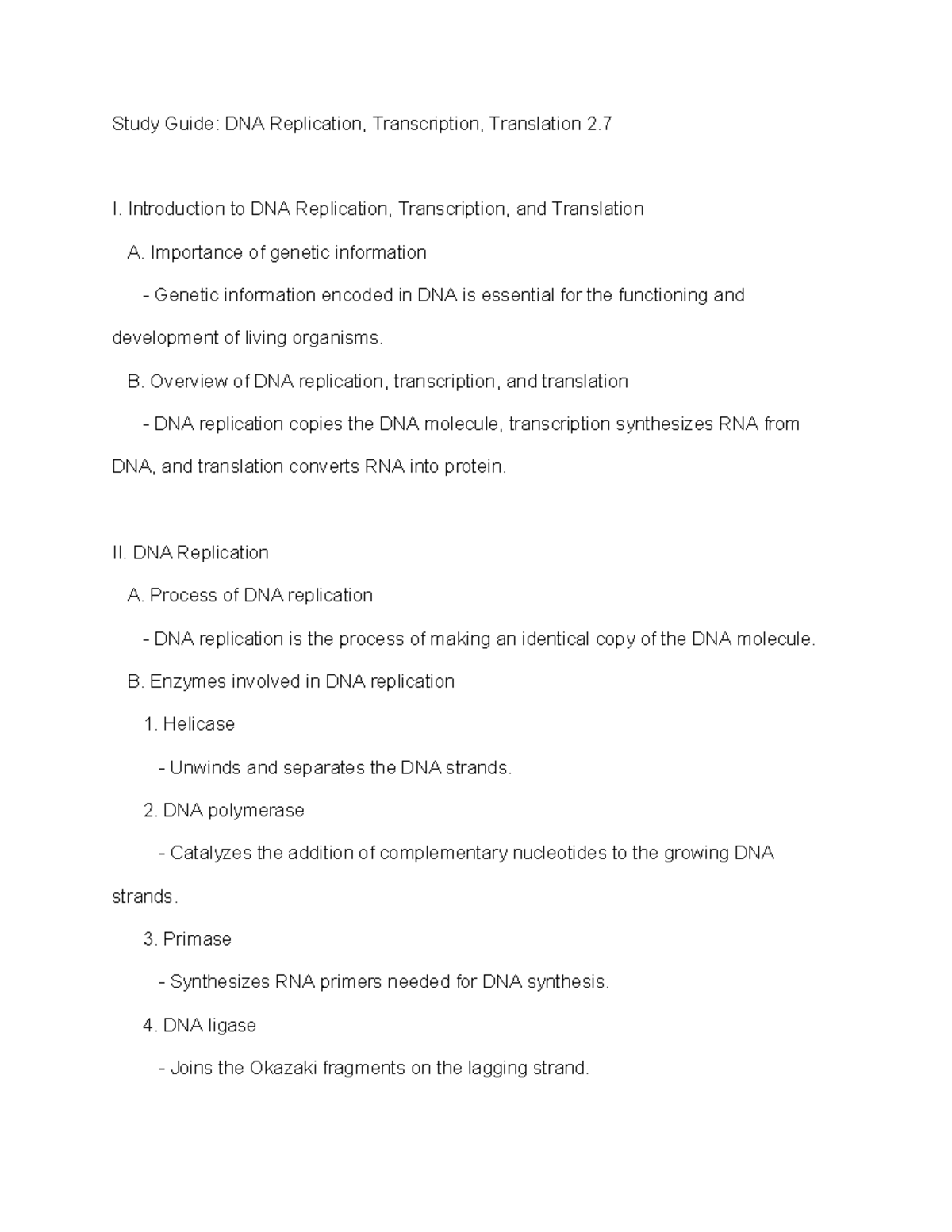 IB Biology DNA Replication, transcription, translation 2.7 - Study ...