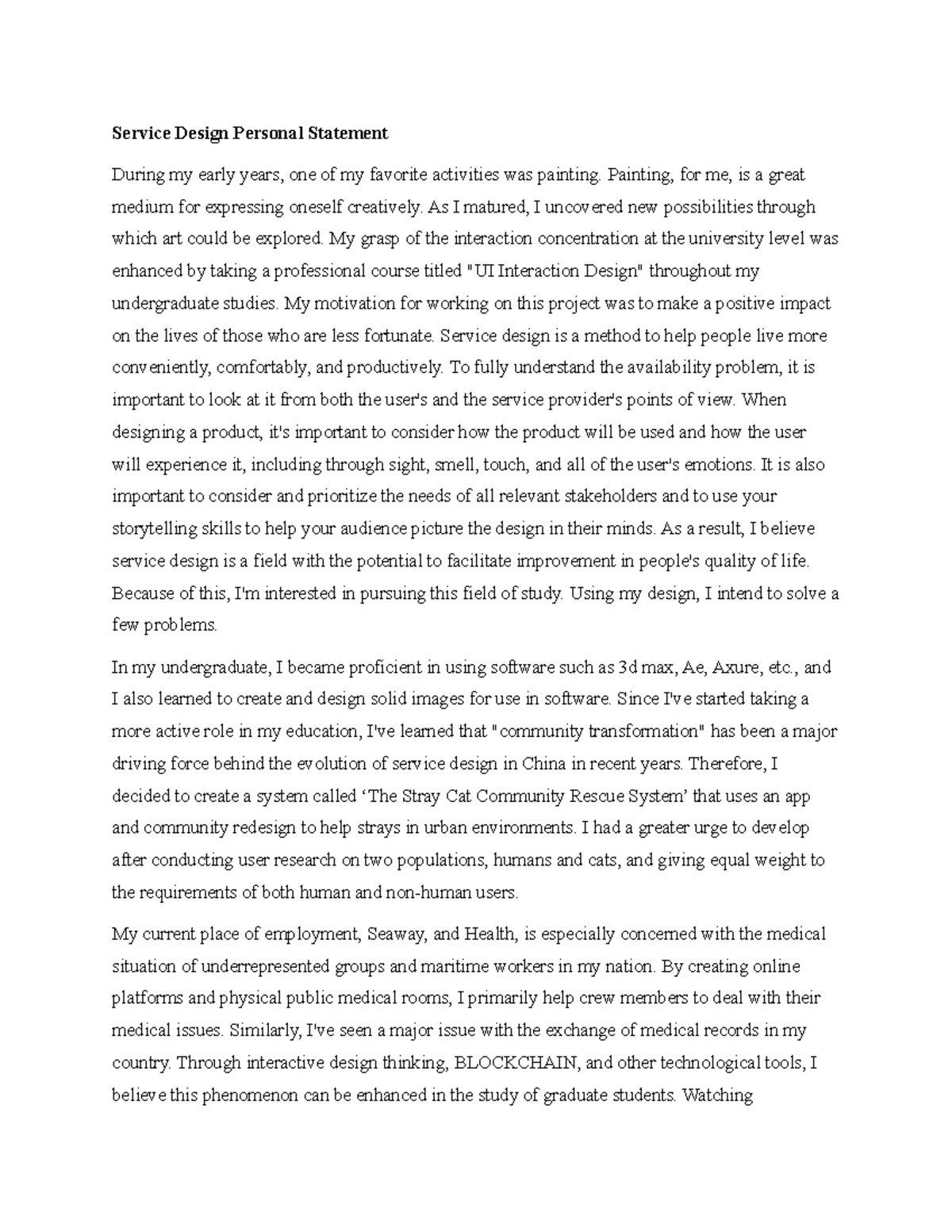 Service Design Personal Statement - Painting, for me, is a great medium ...