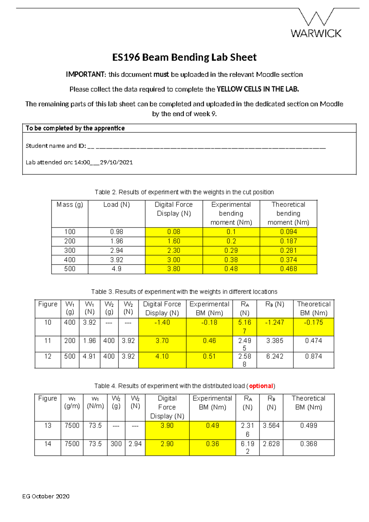 ES196 Lab Sheet Beam Bending - ES196 Beam Bending Lab Sheet IMPORTANT ...