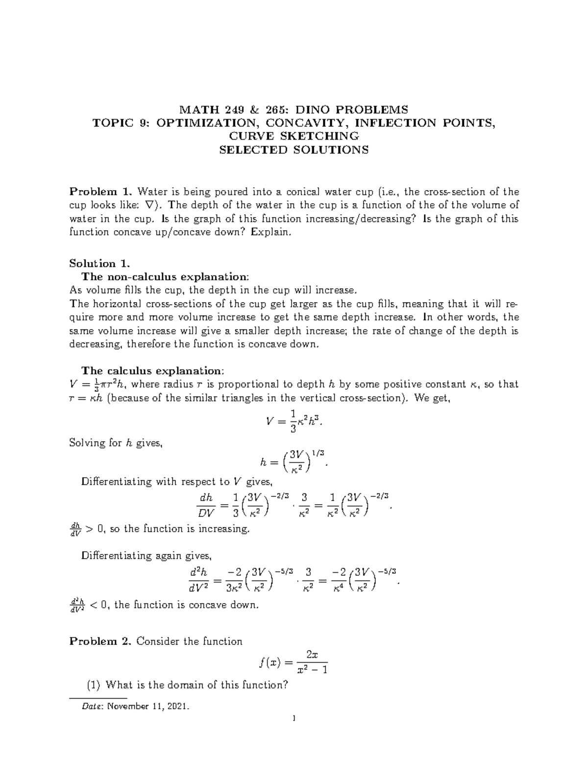 9 sketch optimize-sol - abcd - MATH 249 & 265: DINO PROBLEMS TOPIC 9: OPTIMIZATION, CONCAVITY ...