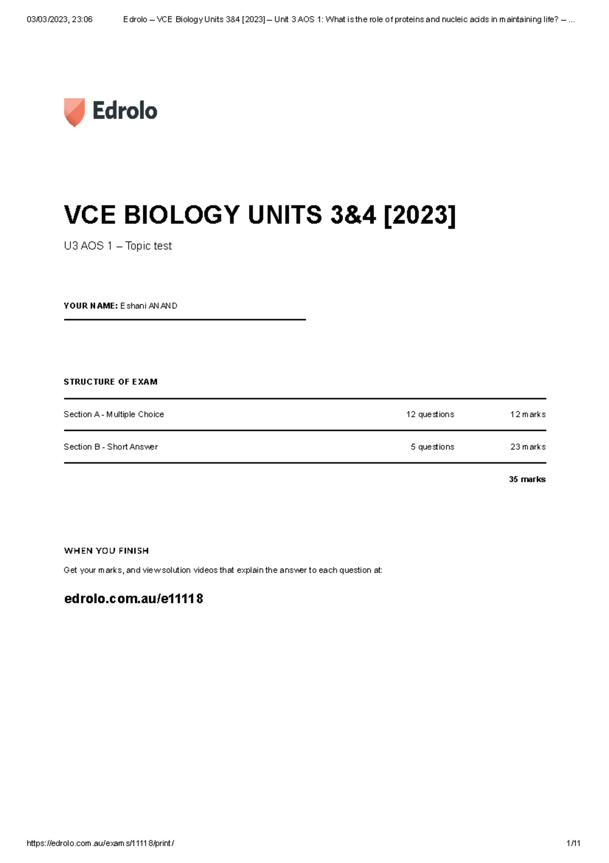 Edrolo sac 1 practice - prac sac - VCE BIOLOGY UNITS 3&4 [2023] U3 AOS ...