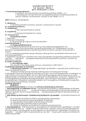 Lesson PLAN IN ESP 9 week 5 - LESSON PLAN IN ESP 9 1st Quarter – Week 5 ...