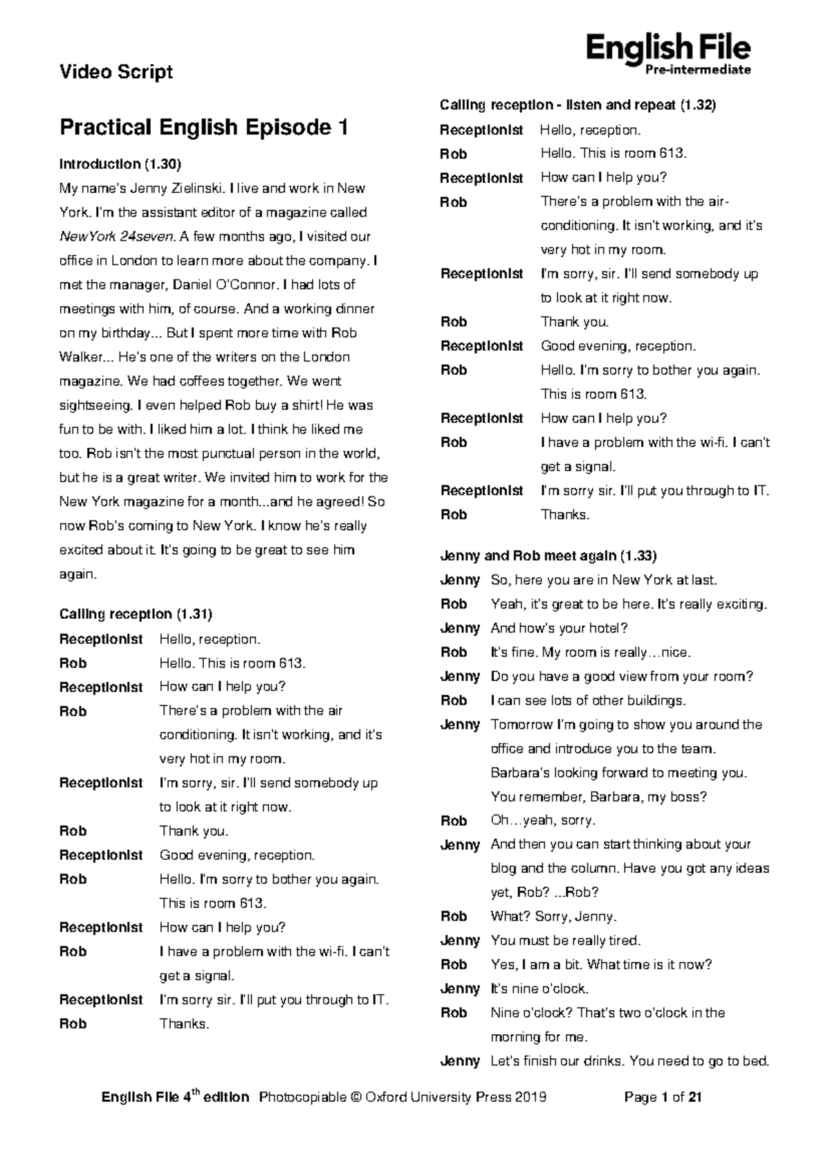 English File 4e Pre-int Video script - Practical English Episode 1 ...