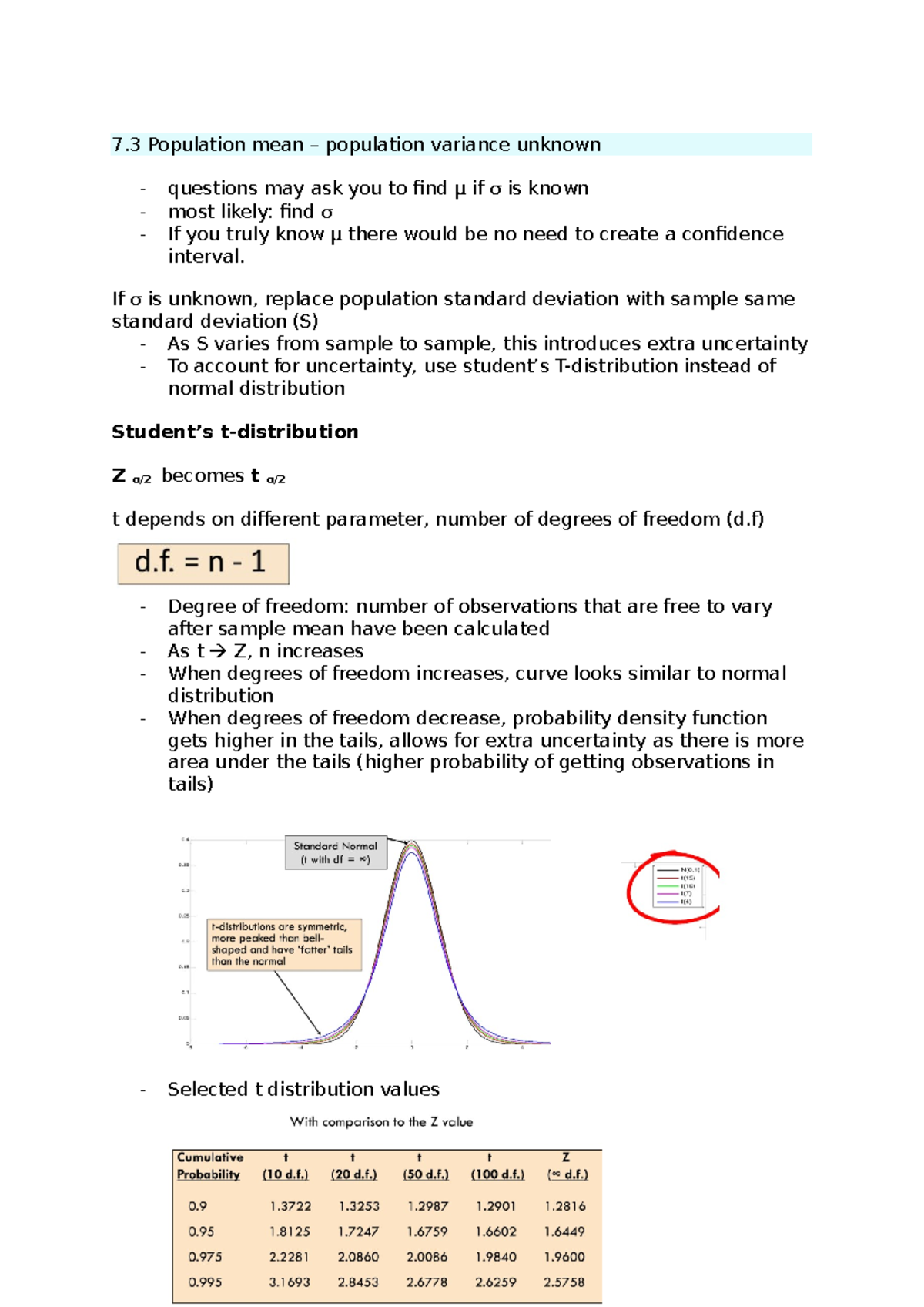 T distribution notes - 7 Population mean – population variance unknown ...