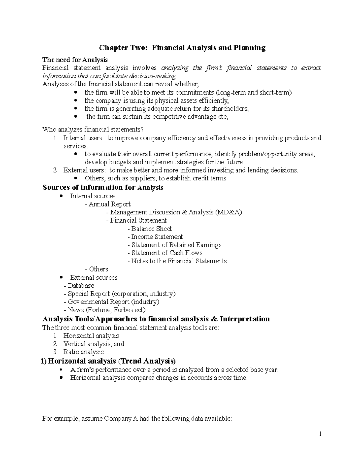 FM Chapter 2 - muluneh - Chapter Two: Financial Analysis and Planning The need for Analysis ...