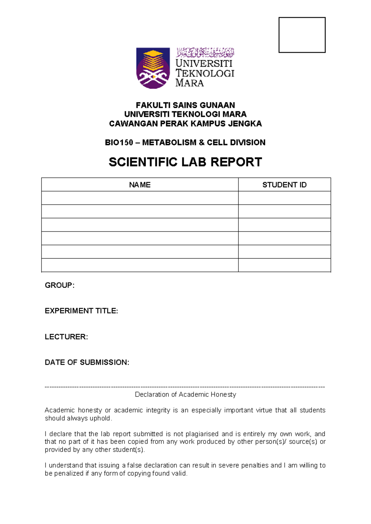 BIO150 Front Cover LAB Report - FAKULTI SAINS GUNAAN UNIVERSITI ...