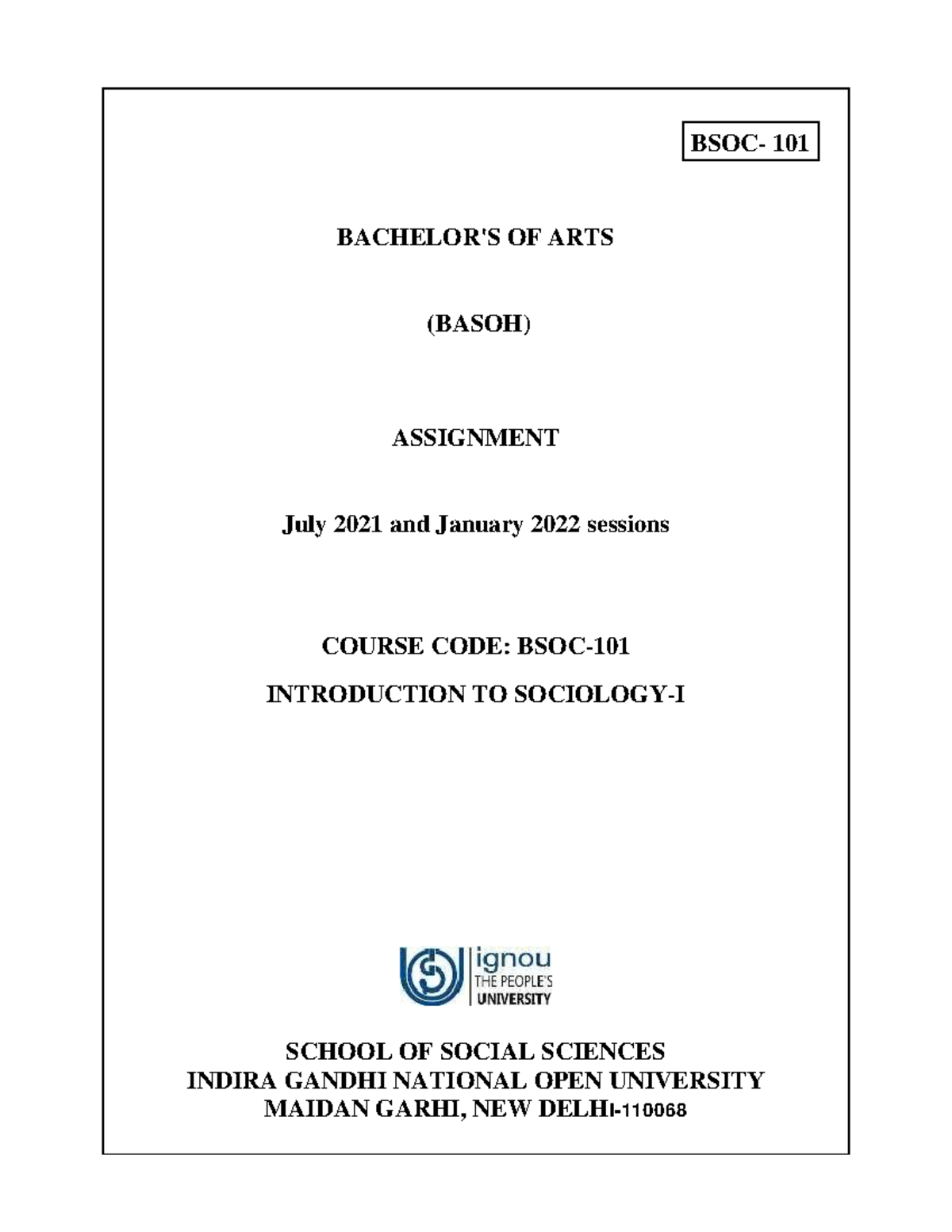 BSOC 101 - English - 2021-22 - BACHELOR'S OF ARTS (BASOH) ASSIGNMENT ...