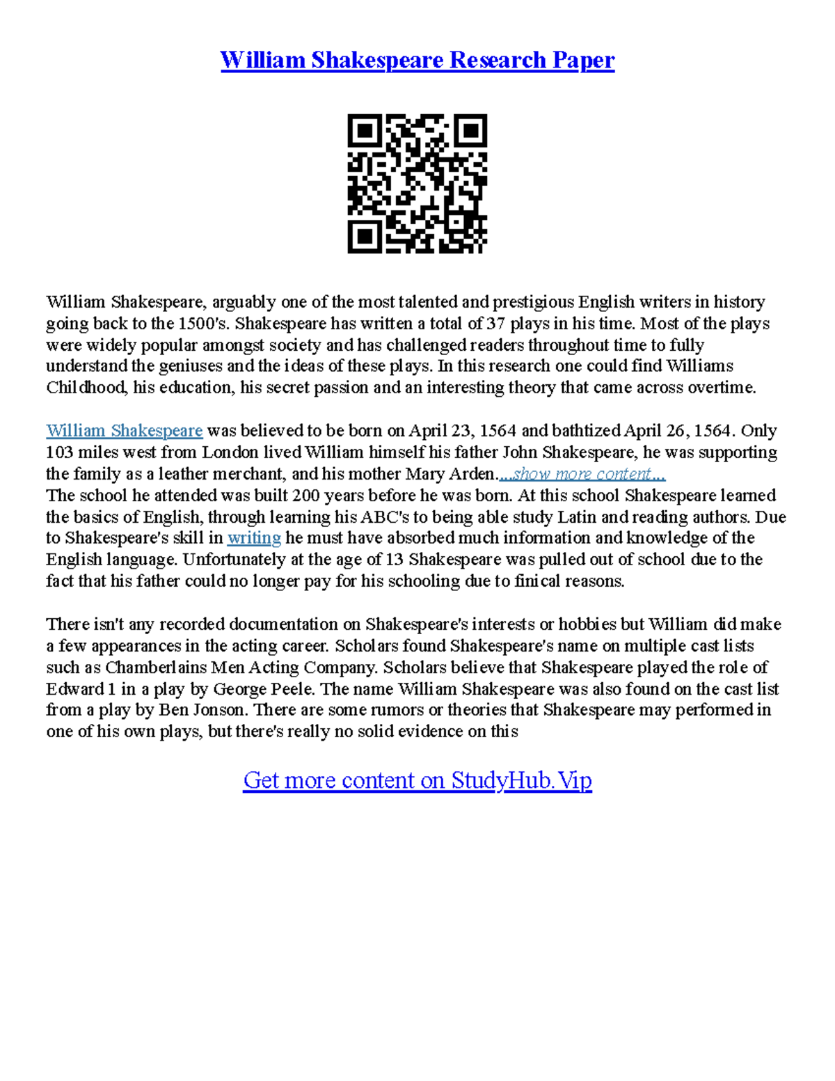 Essay William Shakespeare - William Shakespeare Research Paper William ...