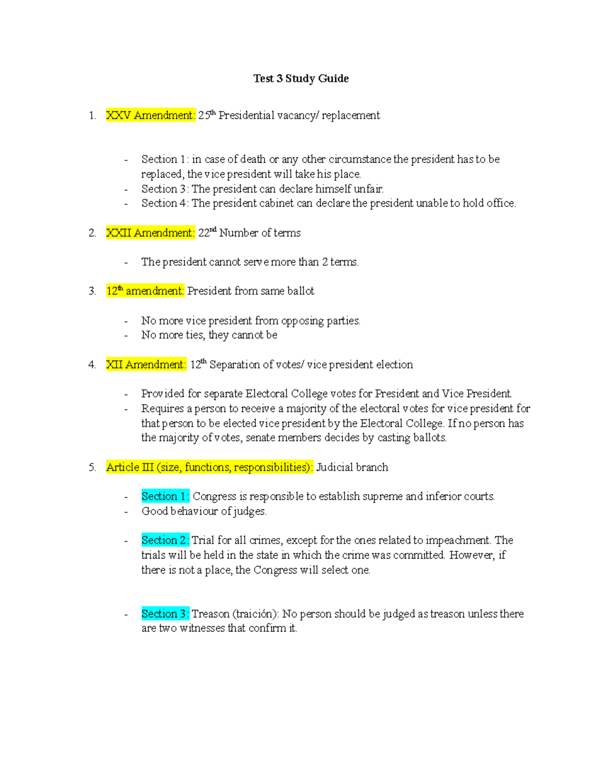 Test 3 Study Guide - important topics that appear on test 1. - Test 3 ...