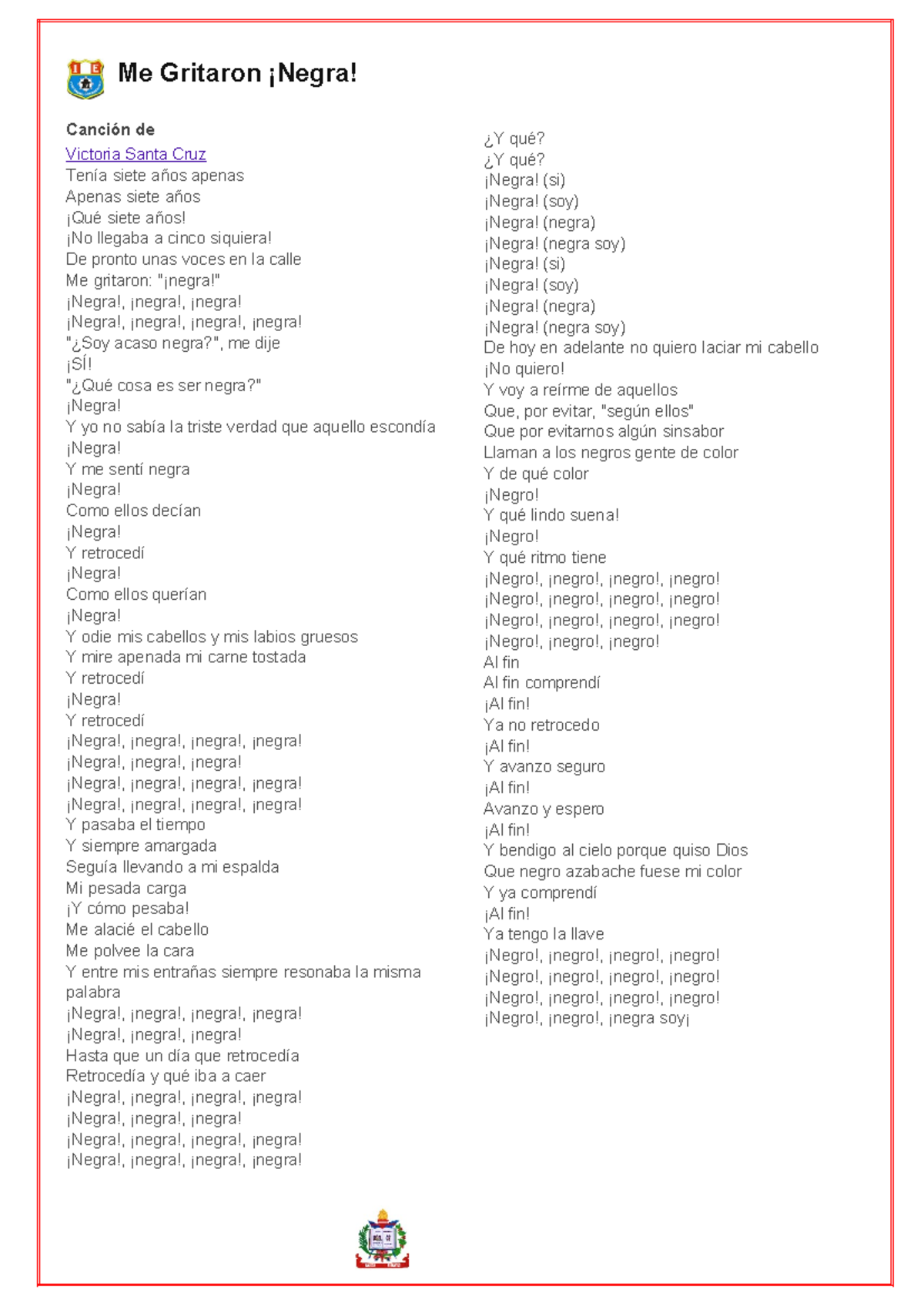 Me Gritaron Negra- Victoria Santa Cruz - Me Gritaron ¡Negra! Canción de ...