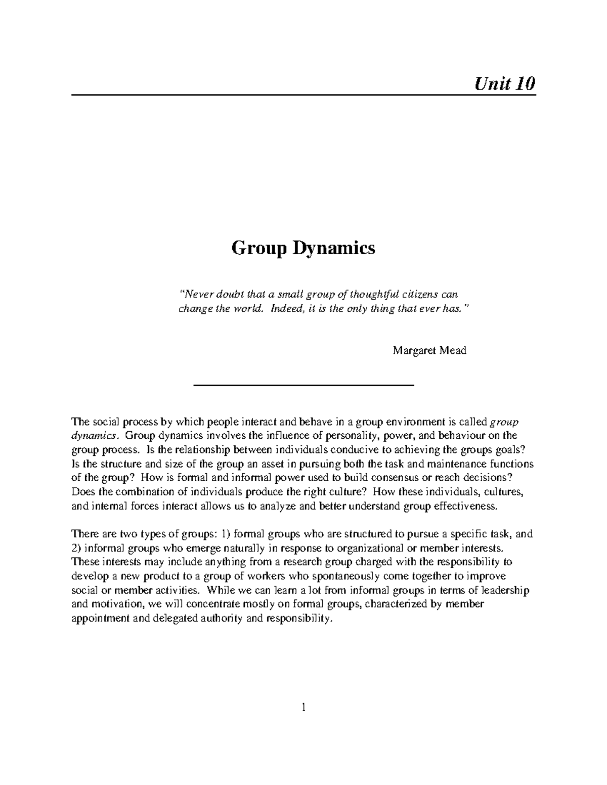 CCB Group Dynamics Guide - Unit 10 Group Dynamics “Never doubt that a ...