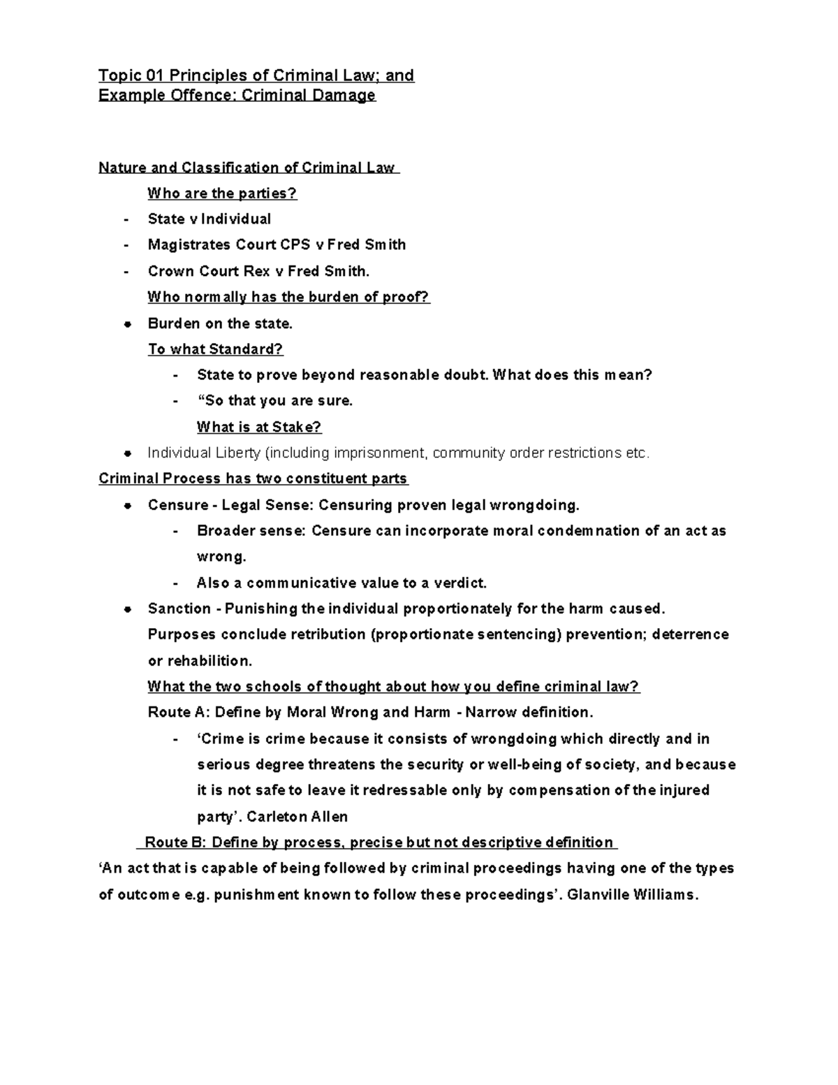WK1 Criminal Law - Notes - Example Offence: Criminal Damage Nature and ...