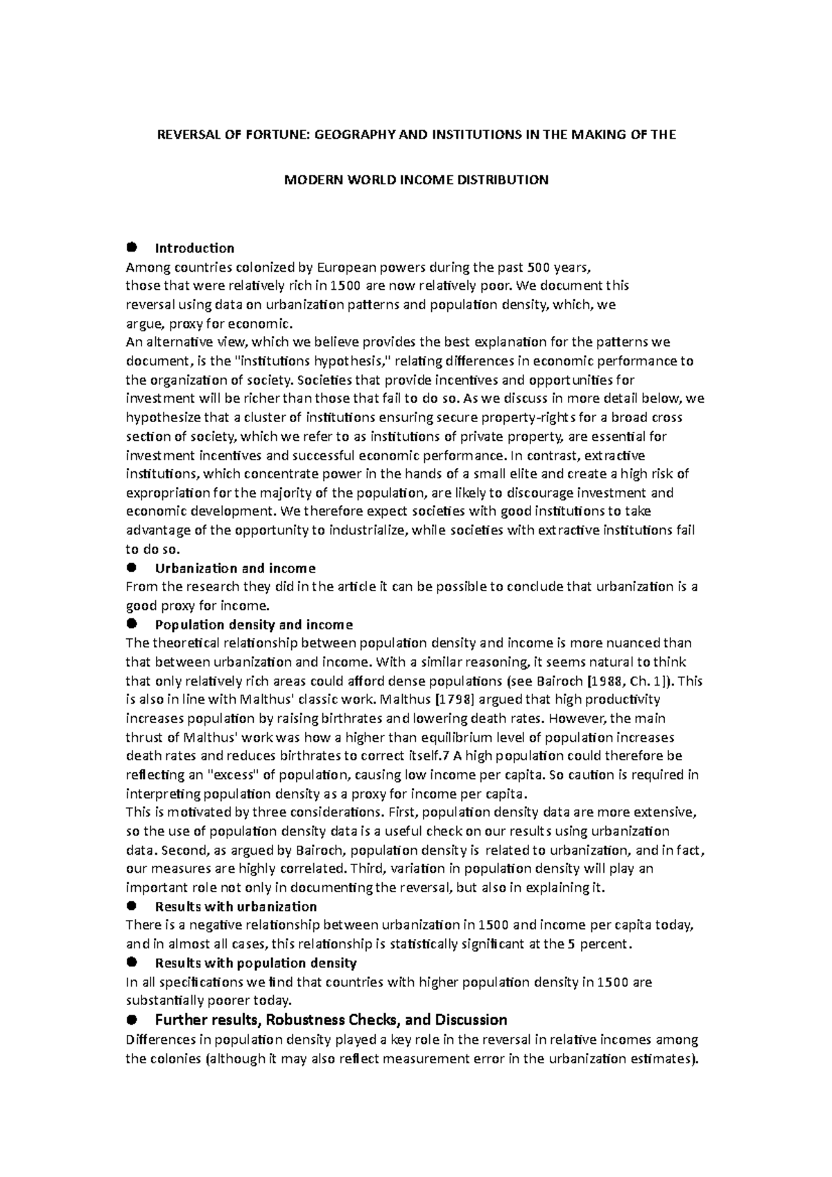 Summary Acemoglu - REVERSAL OF FORTUNE: GEOGRAPHY AND INSTITUTIONS IN THE MAKING OF THE MODERN ...