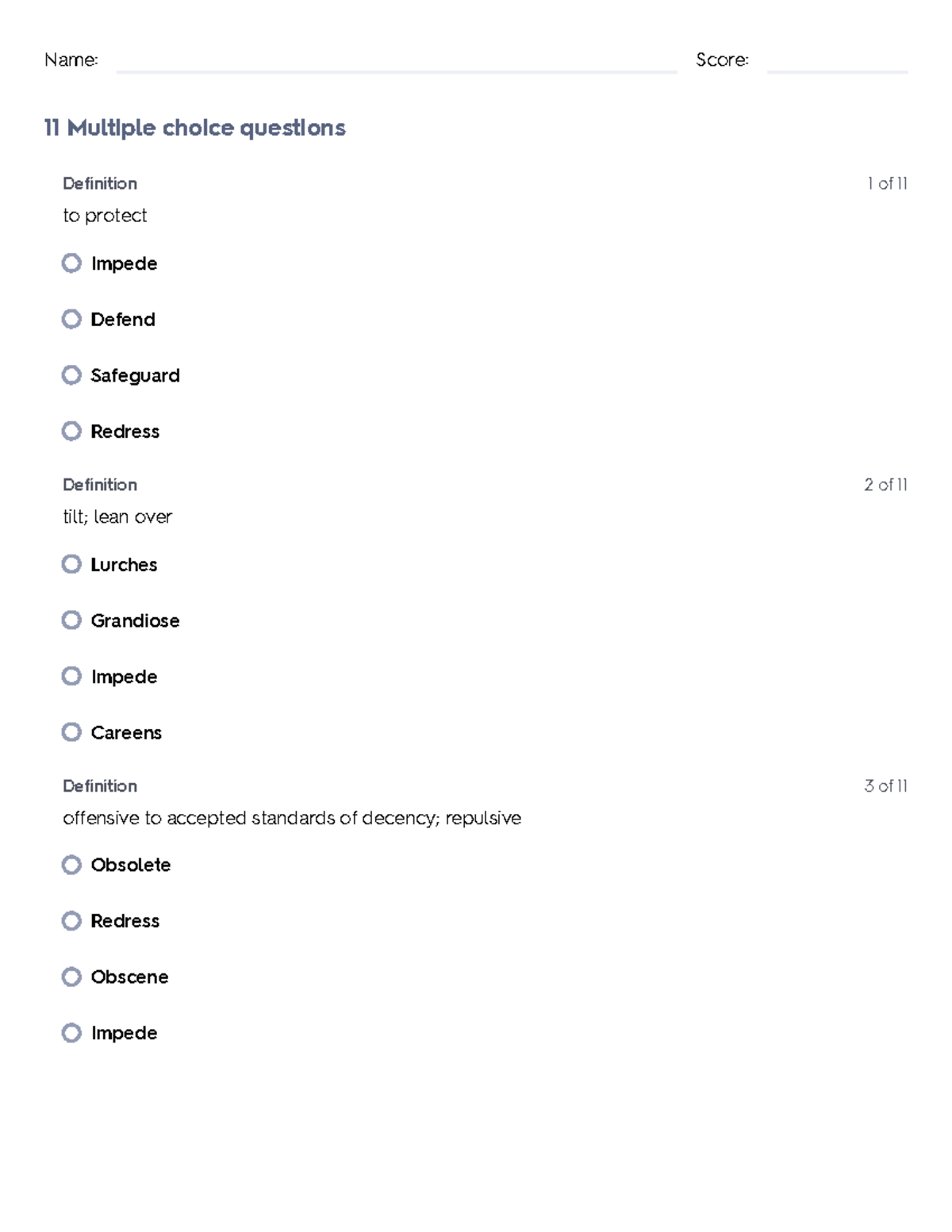 Monster Vocab - Keri Hall - Name: Score: 11 Multiple choice questions ...