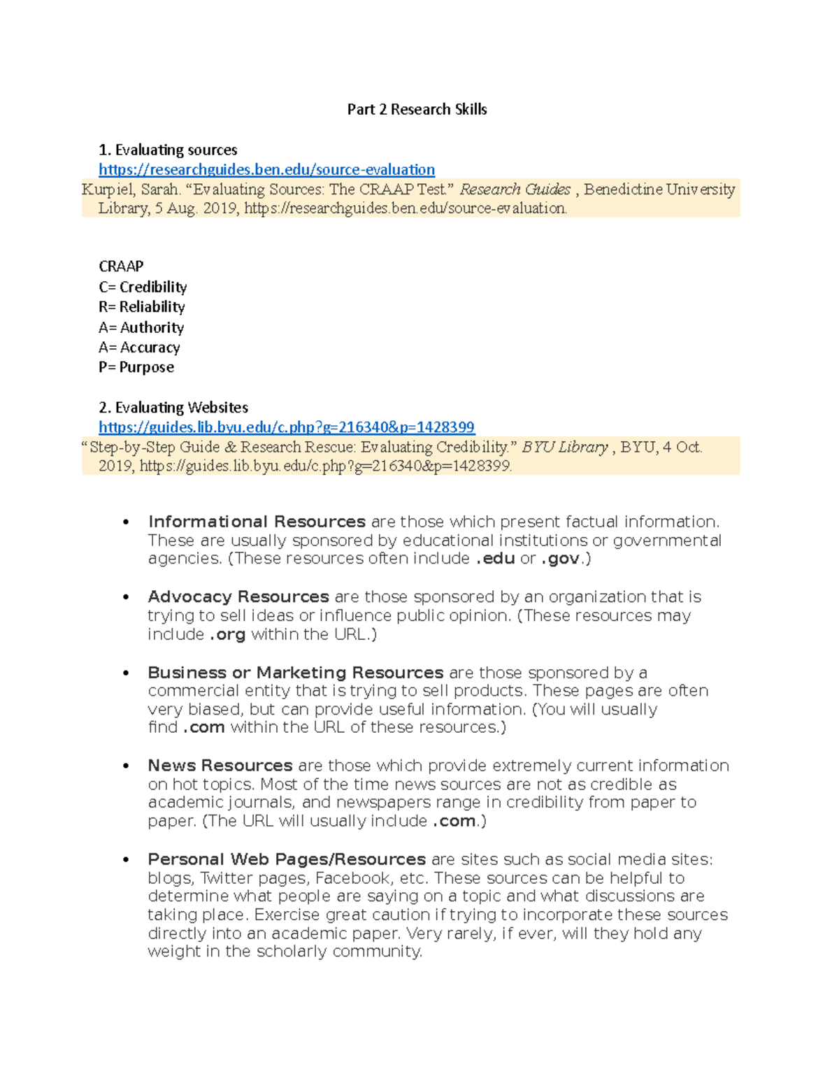 Part 2 Research Skills - Part 2 Research Skills Evaluating sources ...