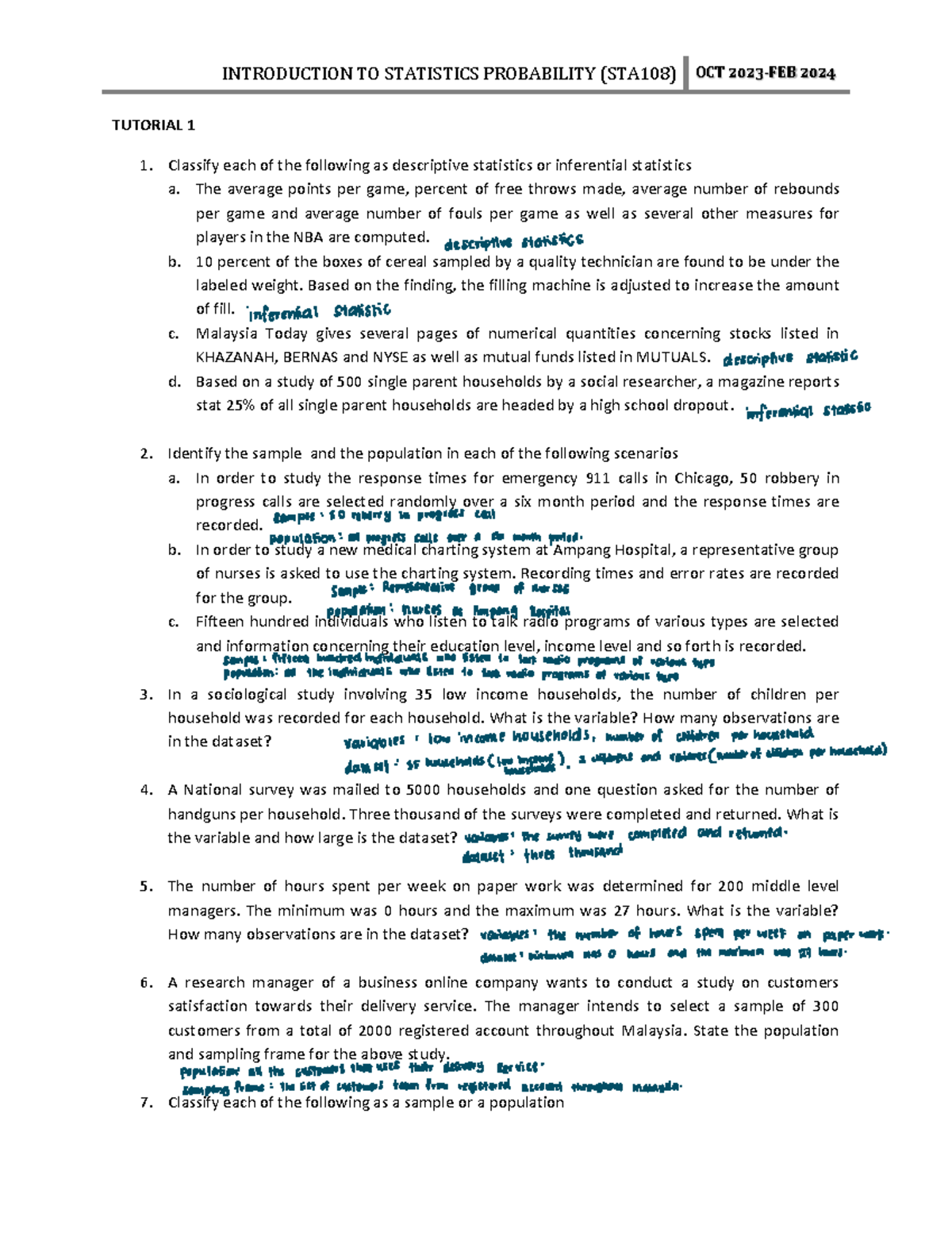 Tutorial 1 ANIS Farhana - INTRODUCTION TO STATISTICS PROBABILITY (STA108) OCT 2023-FEB 2024 ...