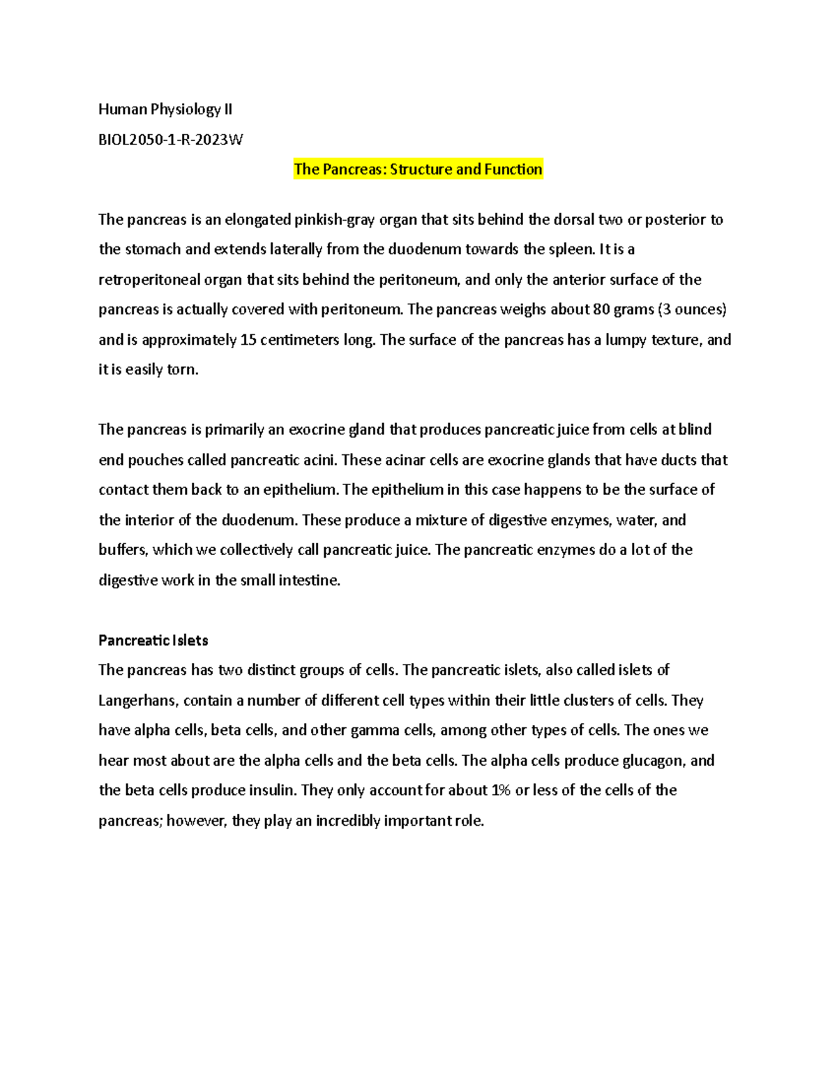 The Pancreas Overview - Human Physiology II BIOL2050-1-R-2023W The ...