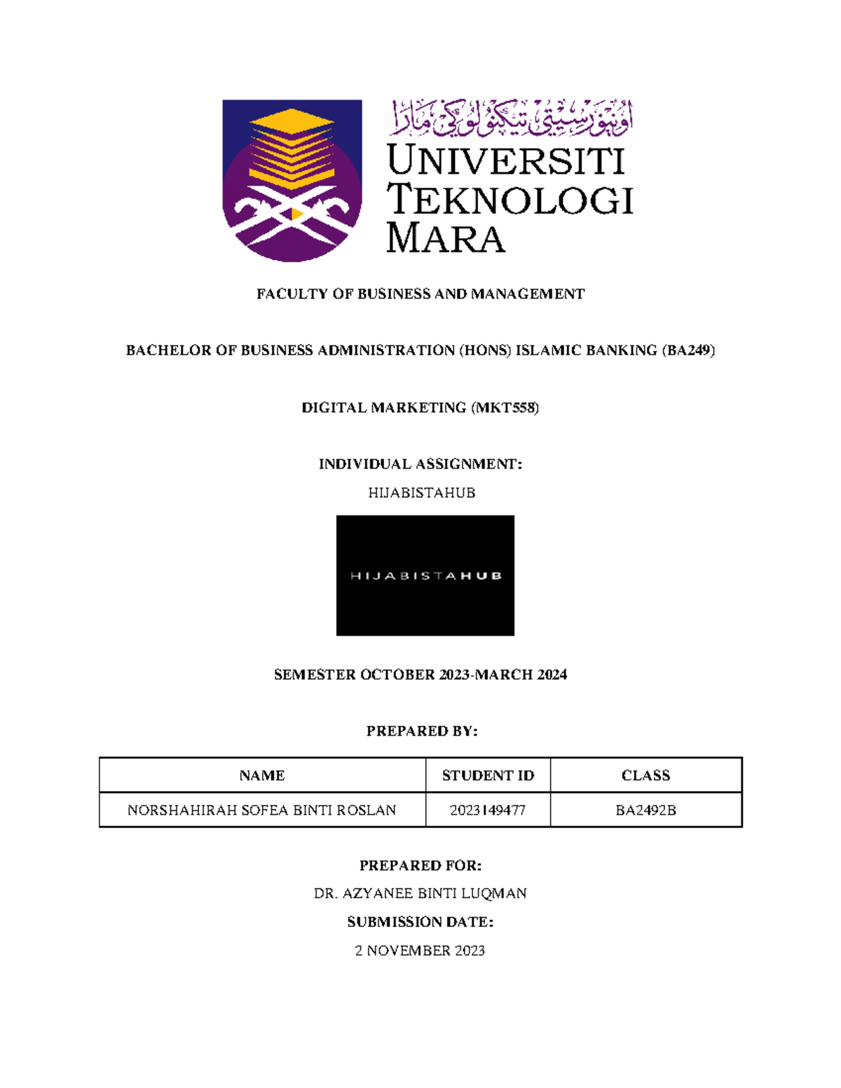MKT 558 IND Assignment - FACULTY OF BUSINESS AND MANAGEMENT BACHELOR OF ...