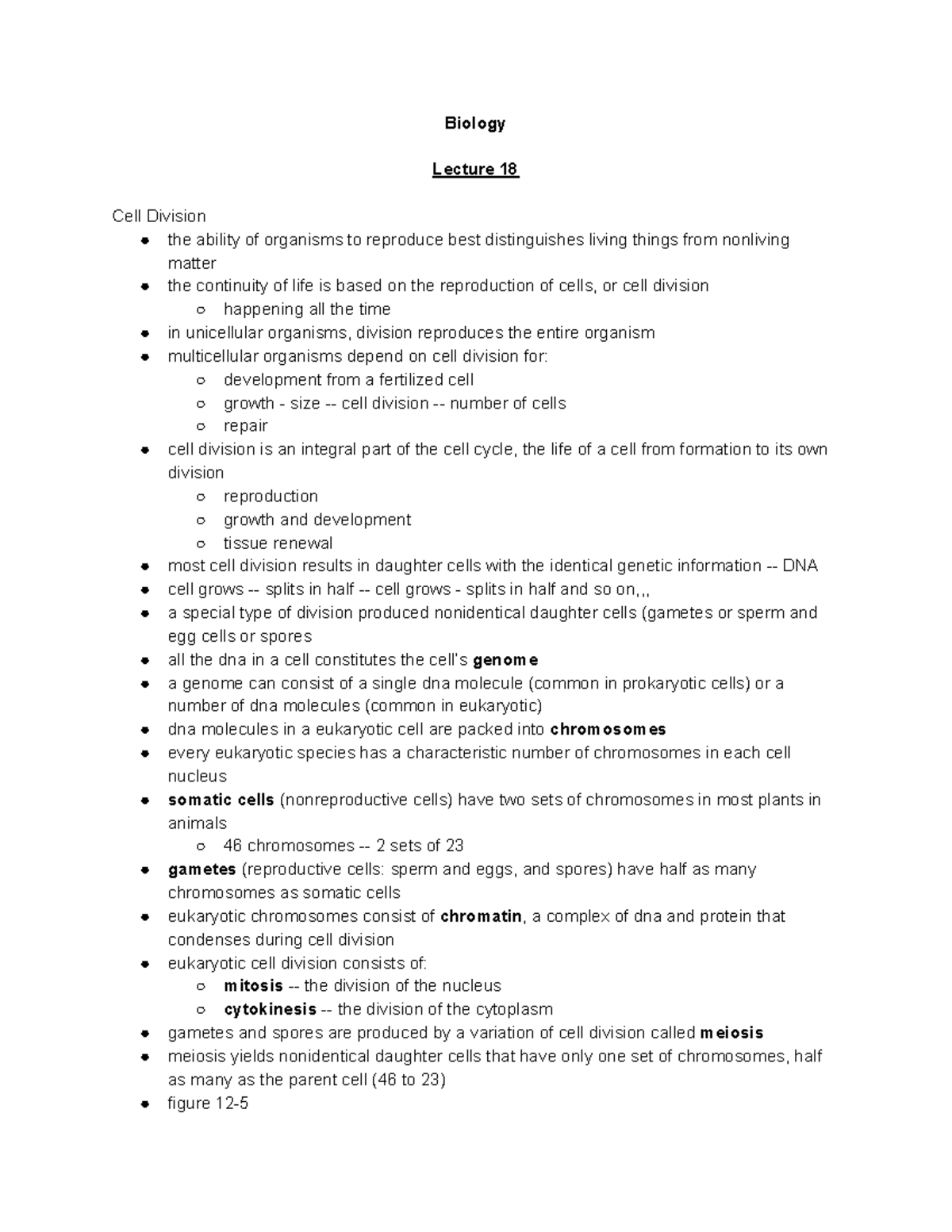 Biology - Lecture Notes - Biology Lecture 18 Cell Division the ability ...