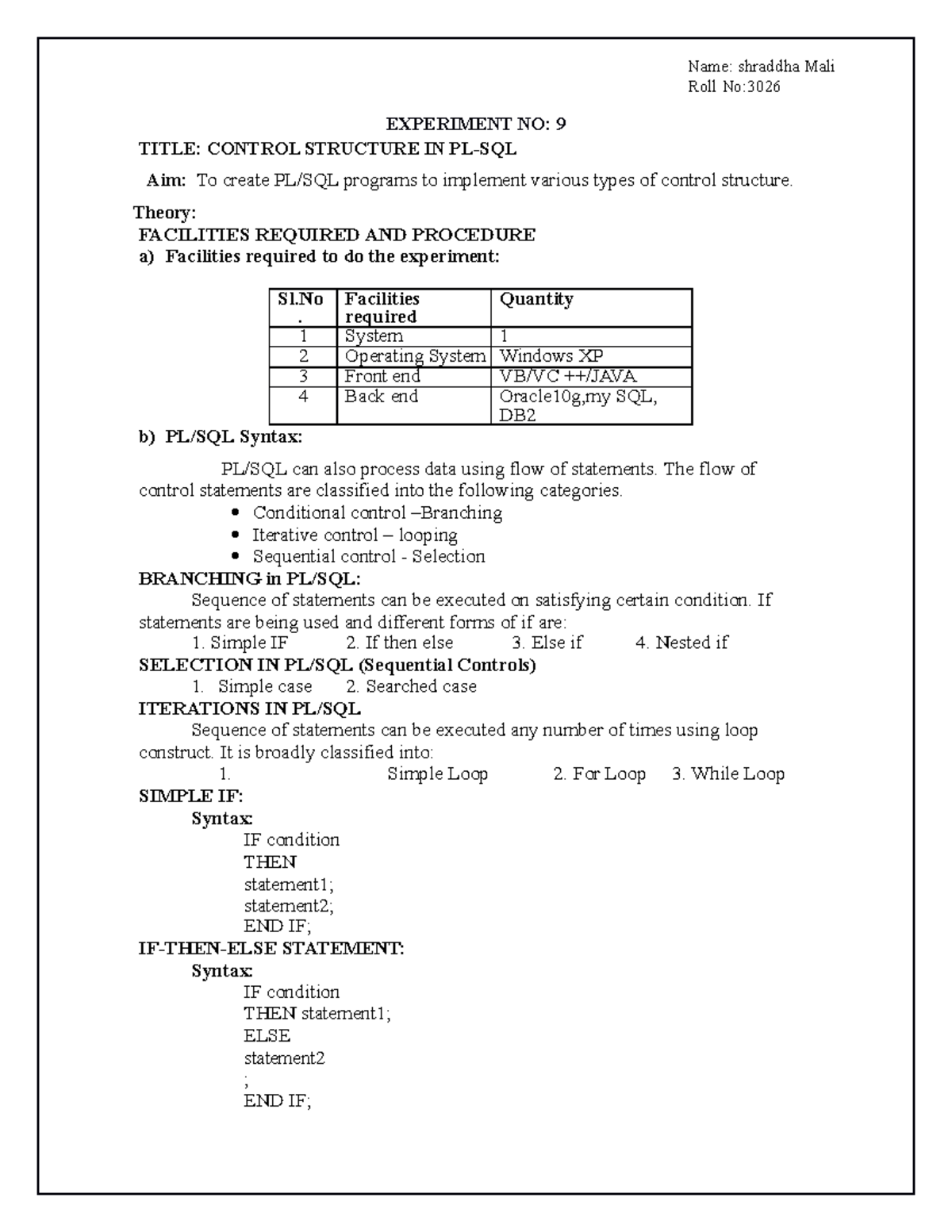 Exp 9 - asdfghjkl;oiuytrewq - Roll No: EXPERIMENT NO: 9 TITLE: CONTROL STRUCTURE IN PL-SQL Aim ...